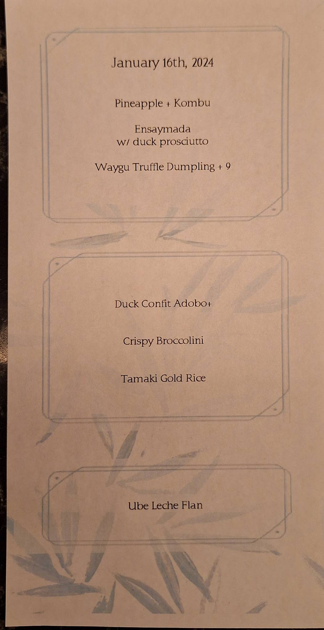 Menu at Mineral restaurant, Toronto