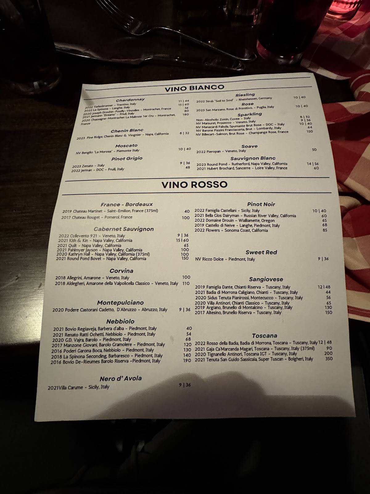 Menu at Mio Osteria restaurant, Edwardsville