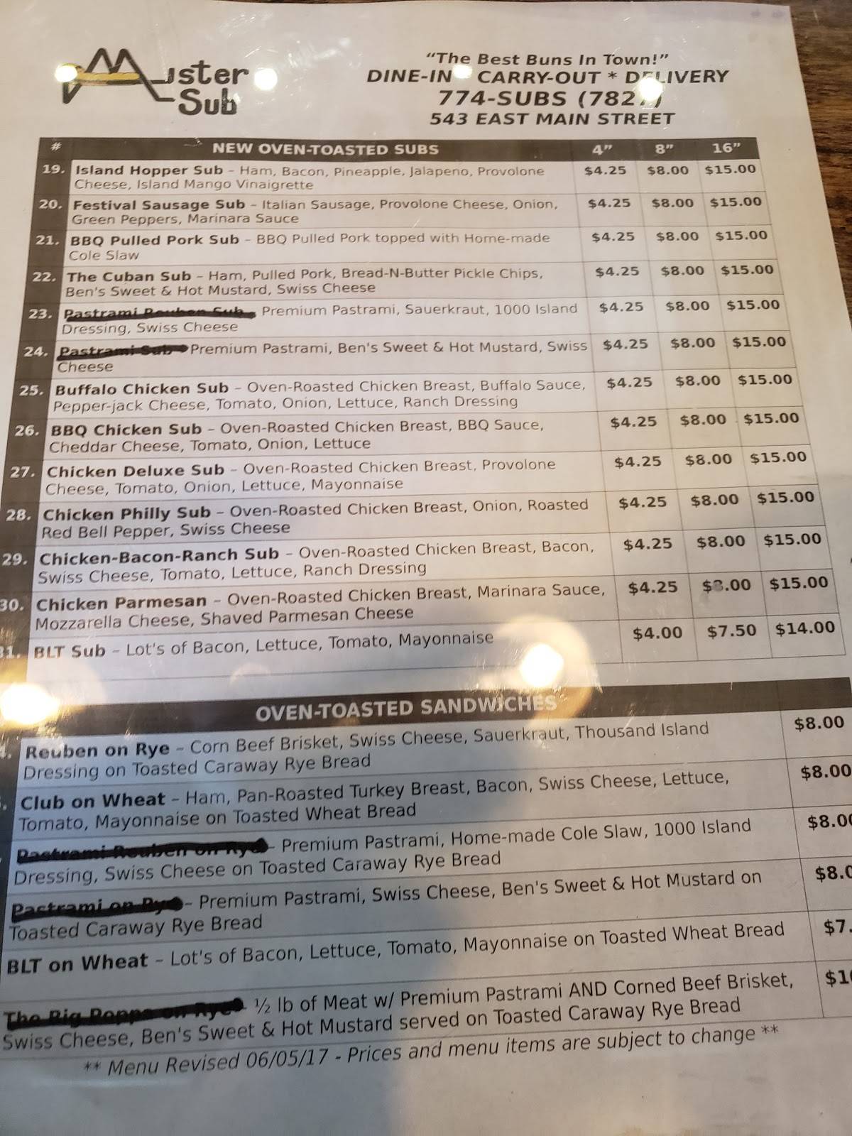 Menu at Mister Sub restaurant, Chillicothe, 543 E Main St