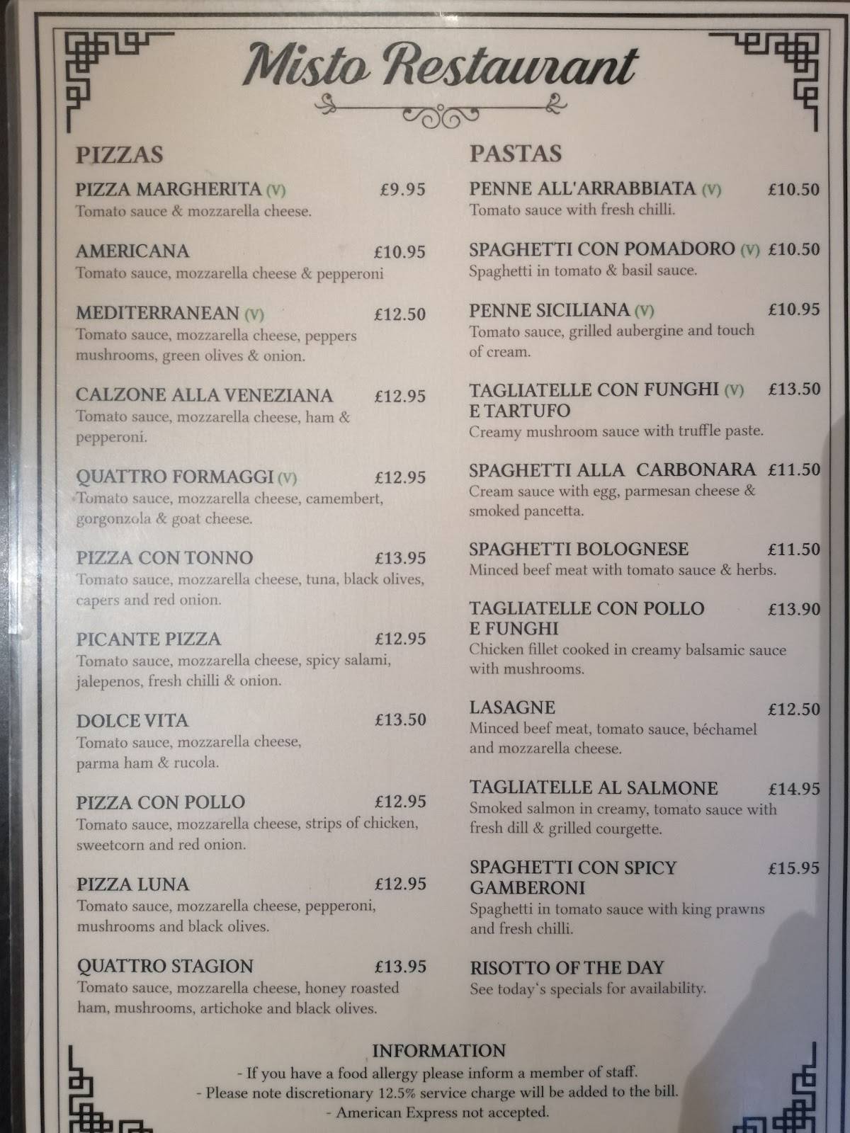Menu at Misto restaurant, London, 7 Shepherd Market