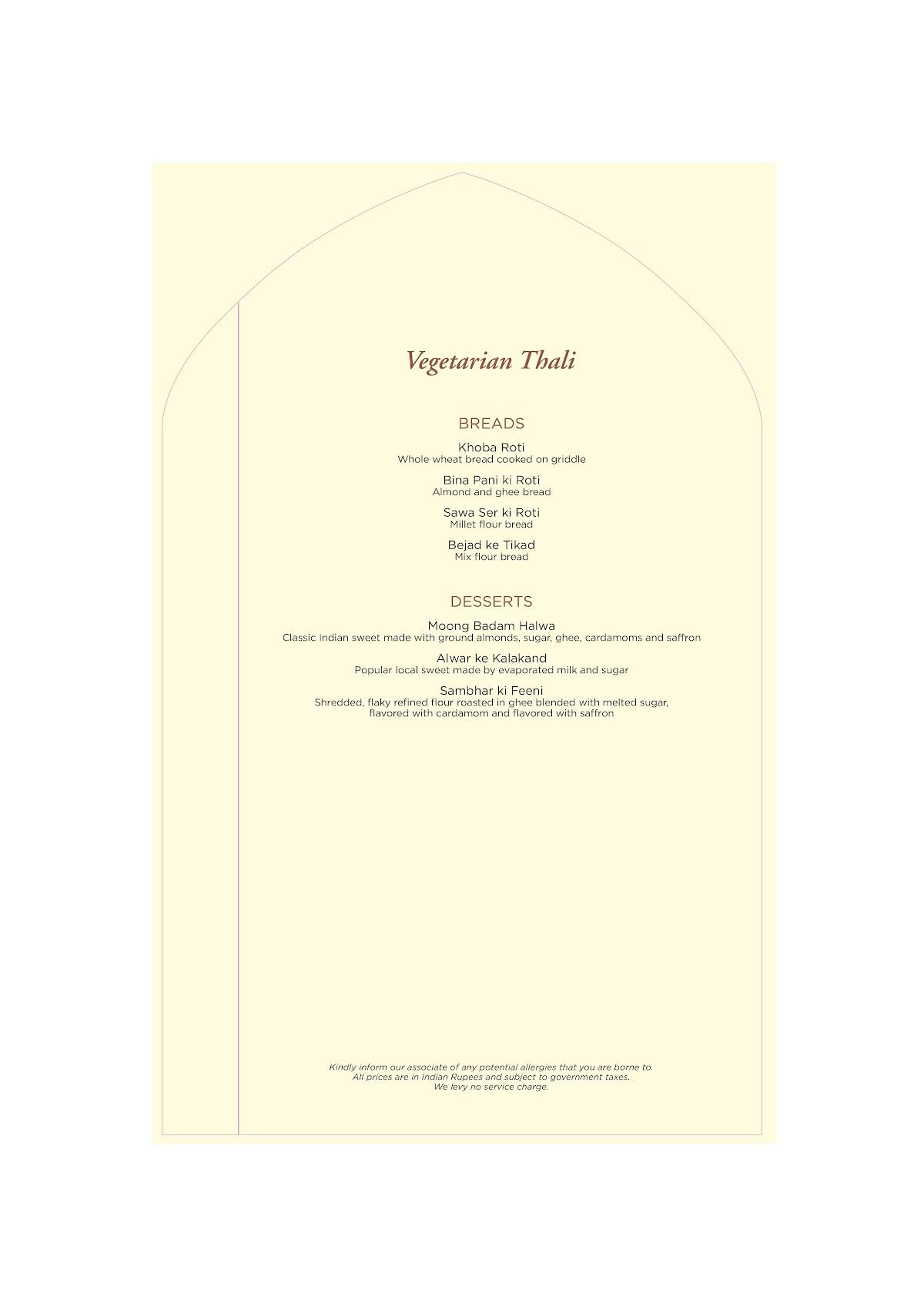 Menu at Mohan Mahal, Jaipur