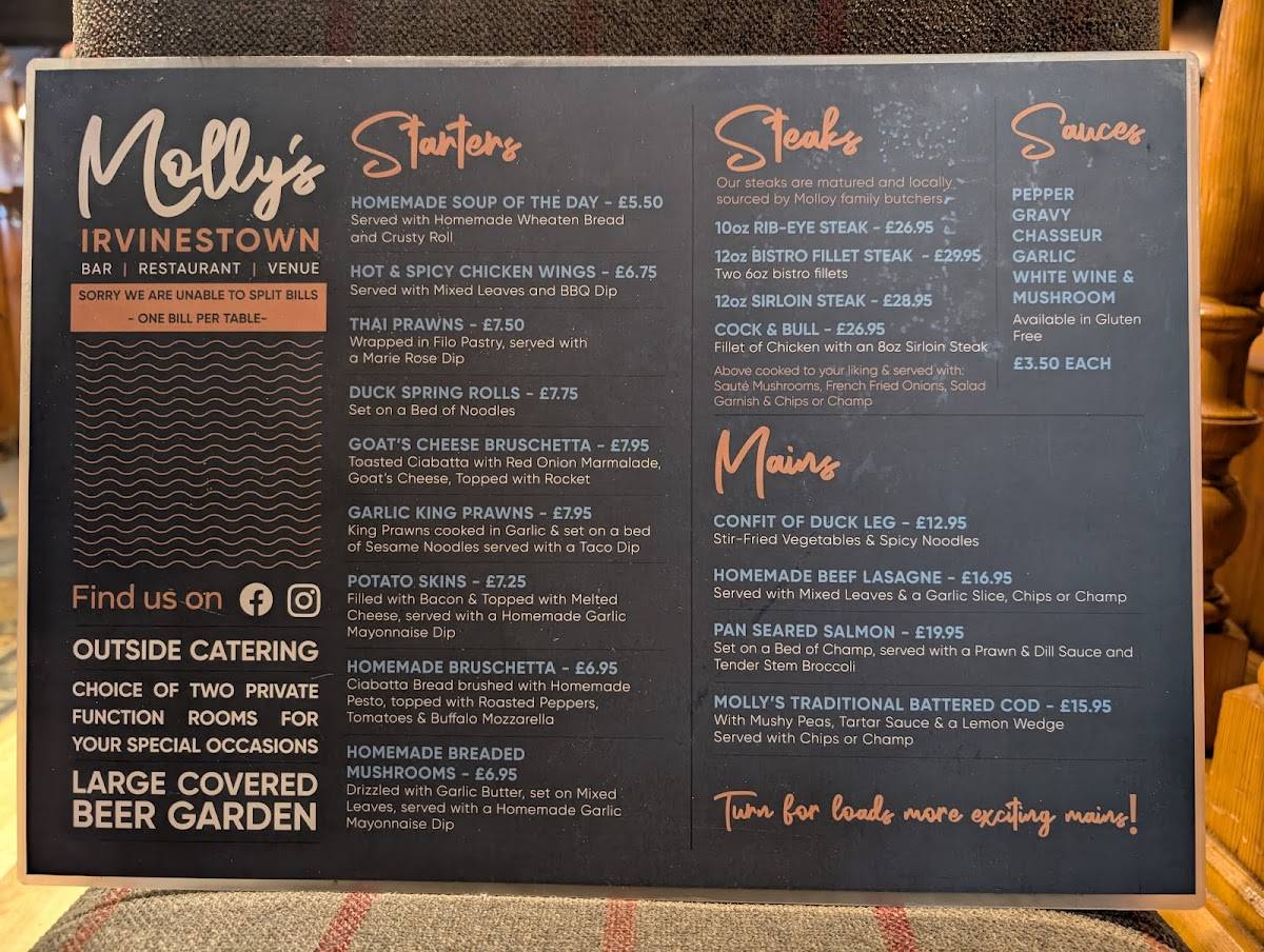 Menu at Molly's Bar, Irvinestown