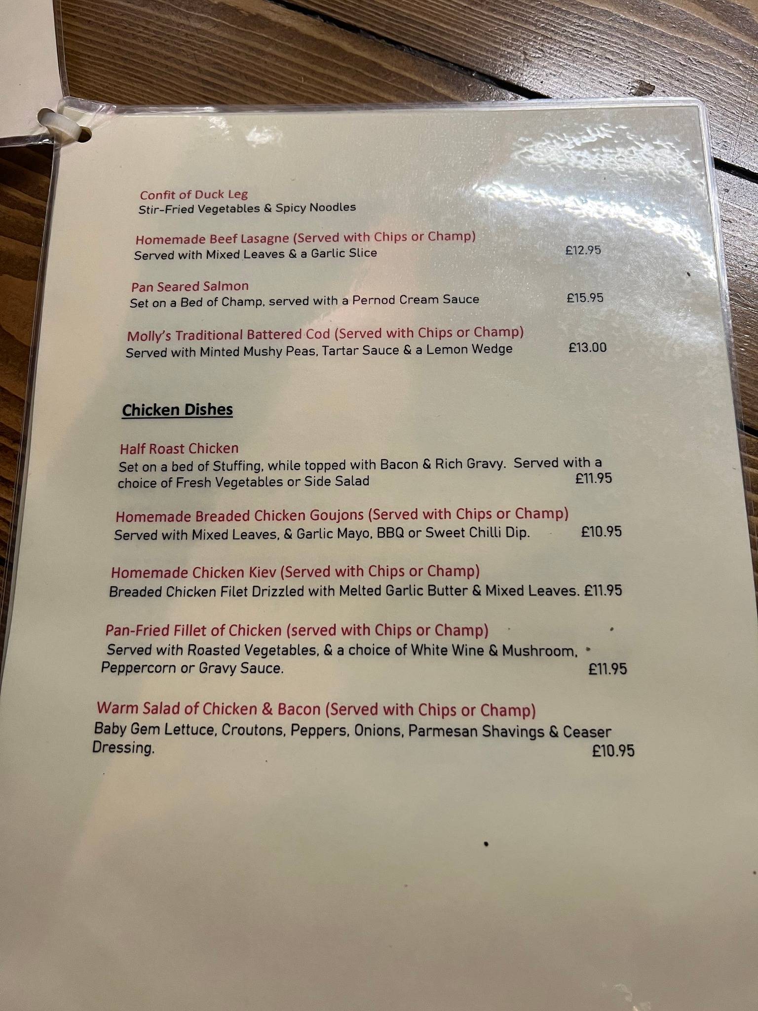 Menu at Molly's Bar, Irvinestown