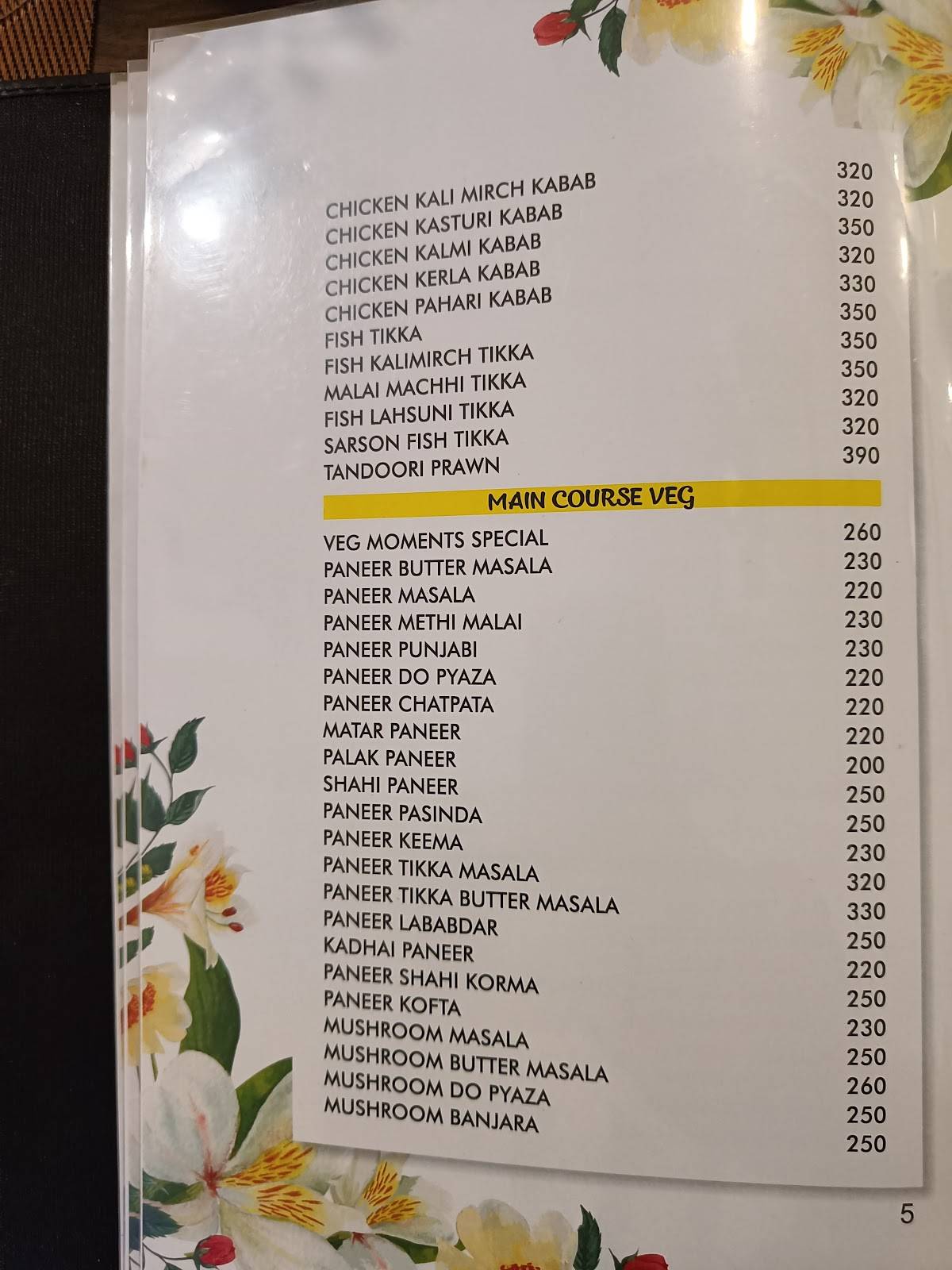Menu at Moments Resort, Ranchi