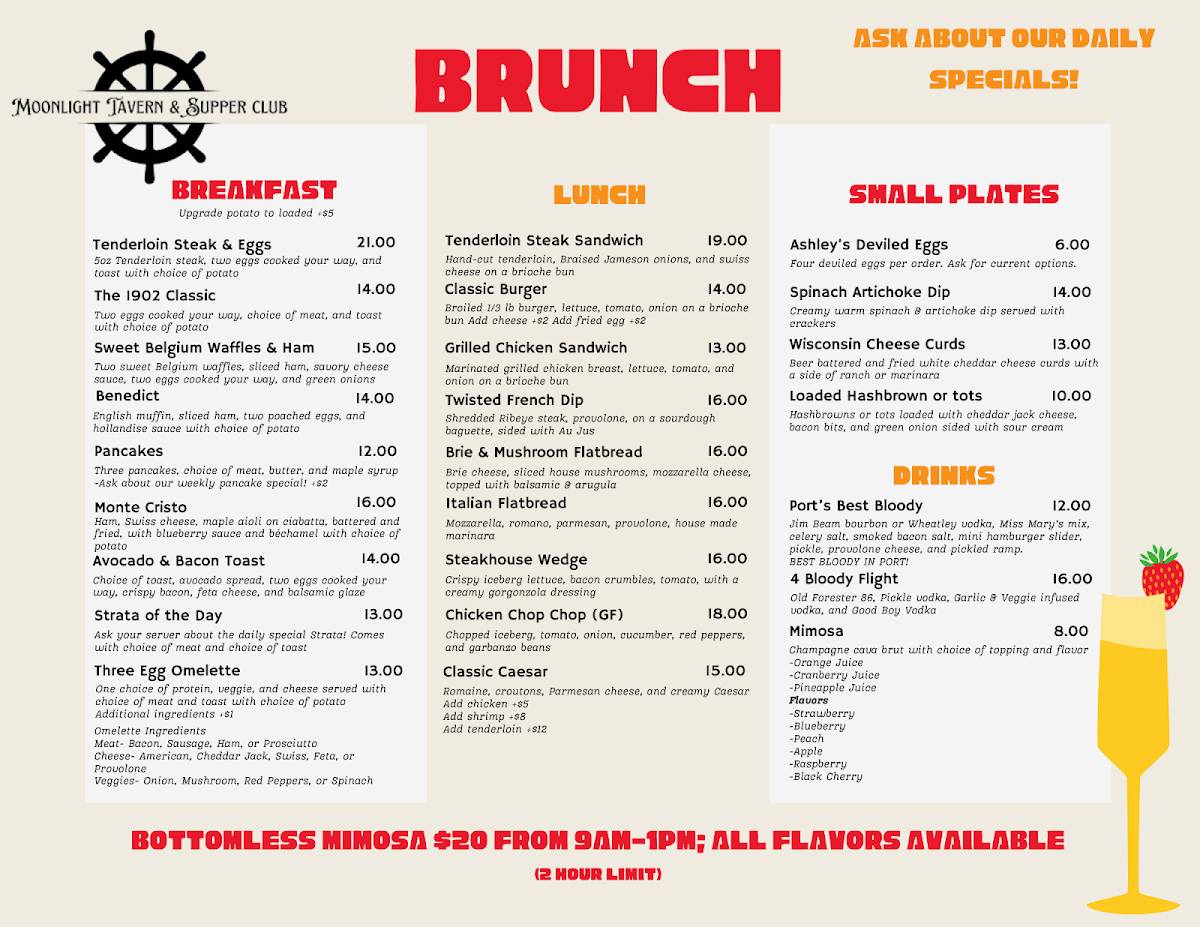 Menu at Moonlight Tavern & Supper Club, Port Washington