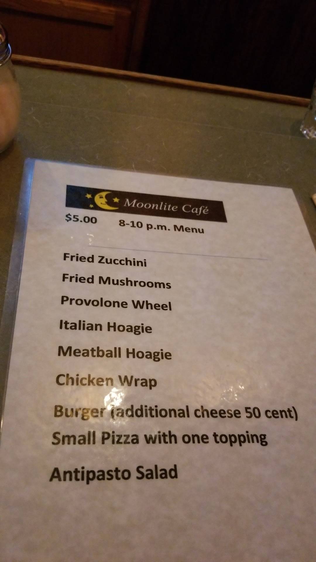 Menu at Moonlite Cafe, Pittsburgh