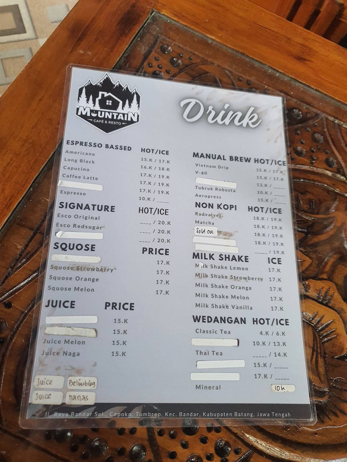 Menu at Mountain Cafe and Resto, Indonesia