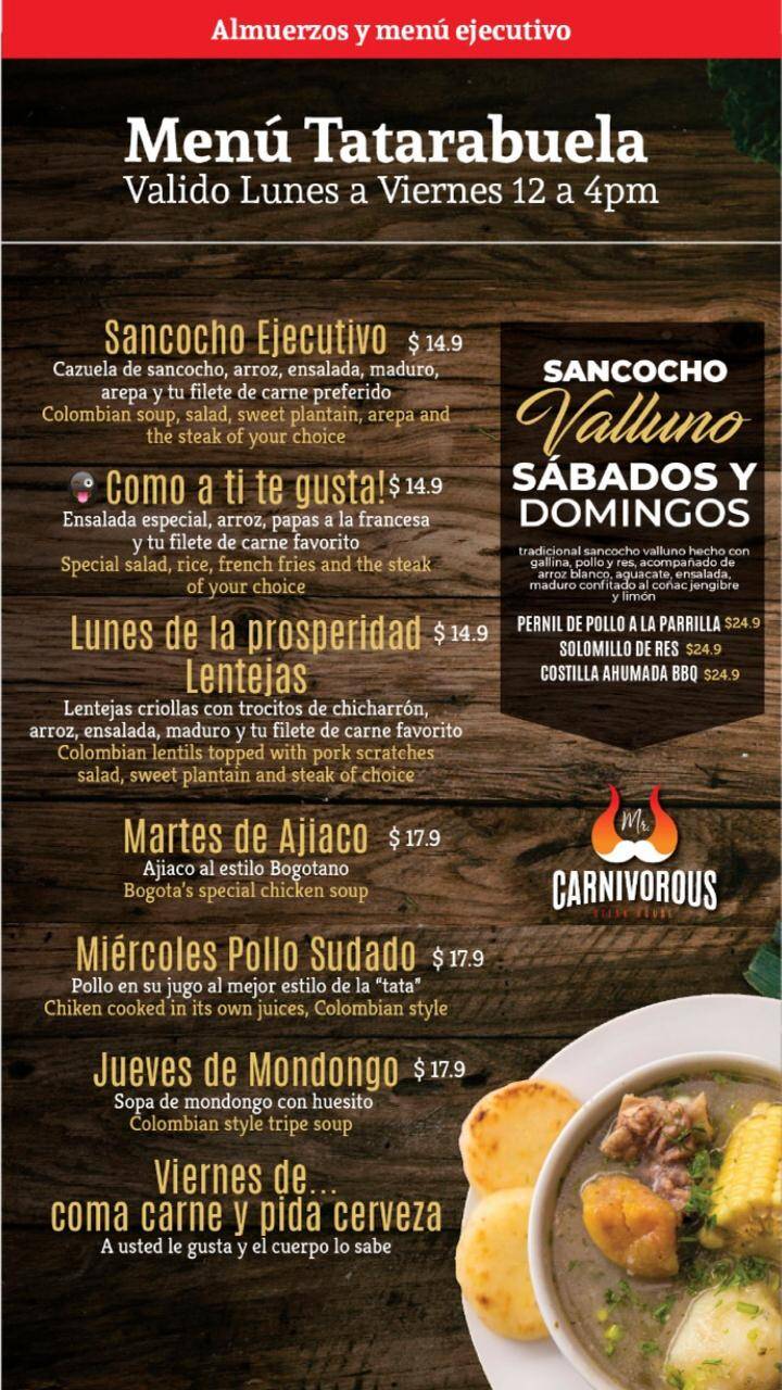 Carta de Mr.carnivorous Restaurante Parrilla, Cali