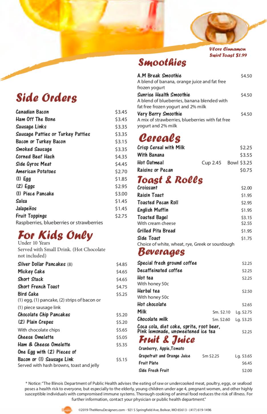 Menu at Mrs V's Restaurant, Round Lake Beach