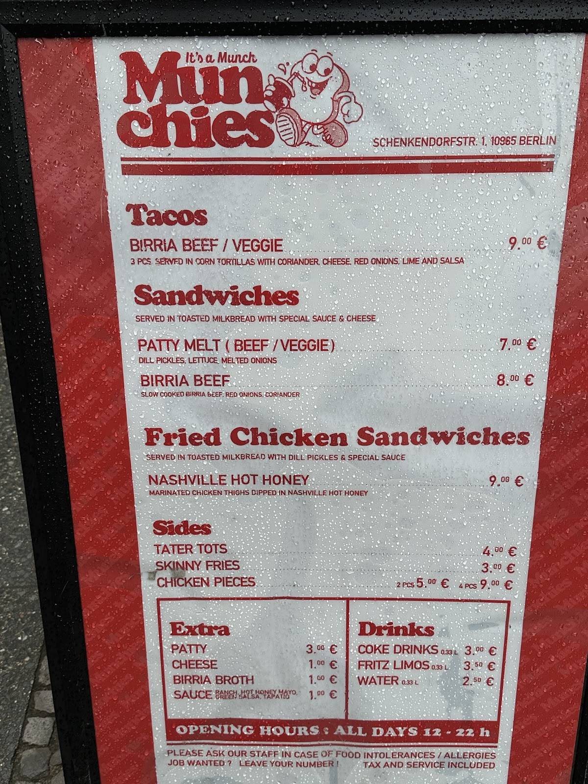 Speisekarte von Munchies restaurant, Berlin, Schenkendorfstraße 1