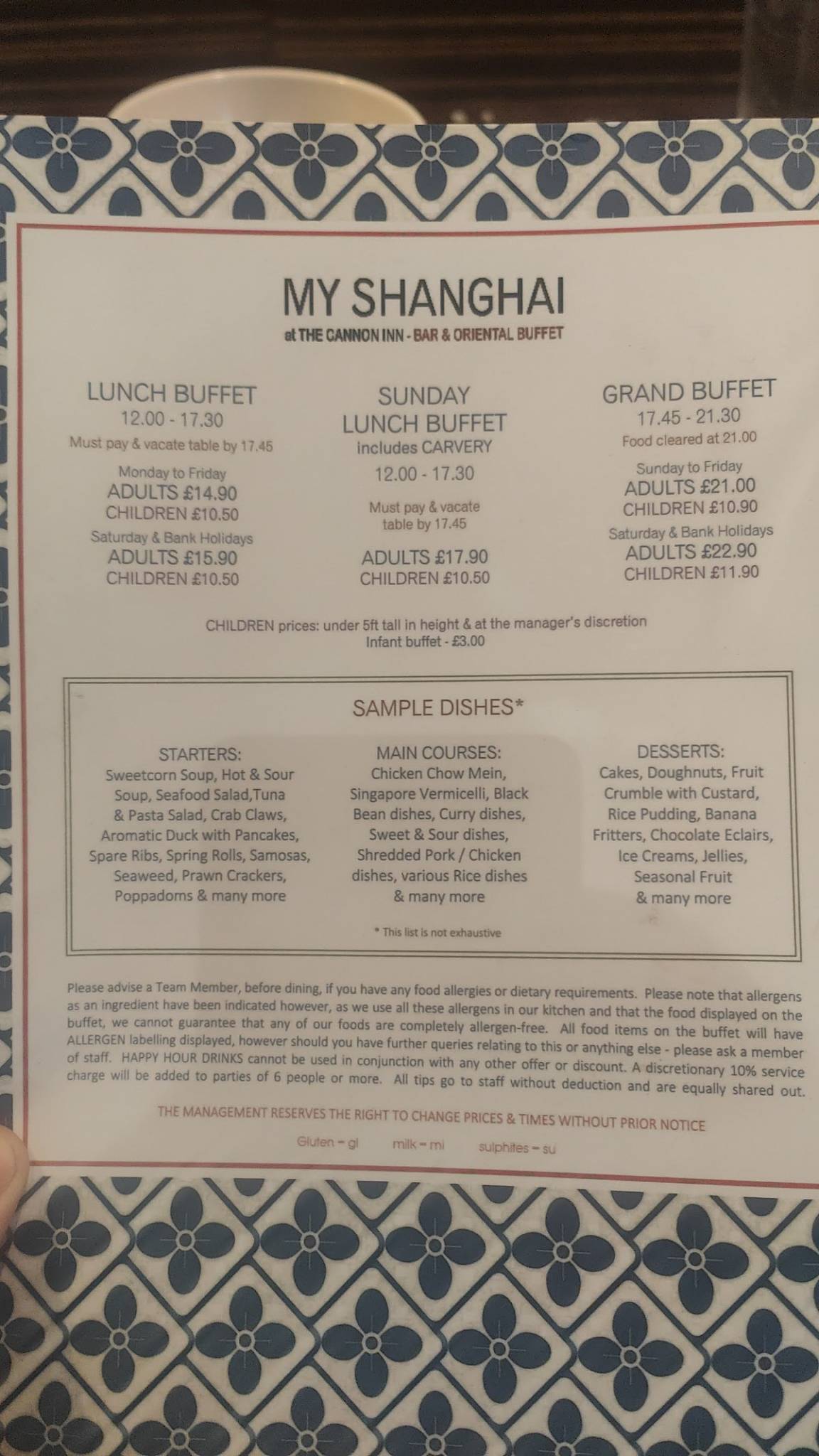 Menu at My Shanghai Bar & Oriental Buffet, North Shields, The Cannon Inn