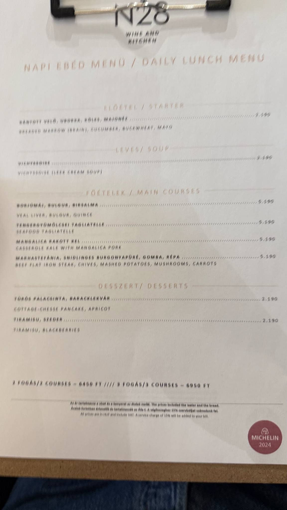 Menu at N28 Wine and Kitchen restaurant, Budapest