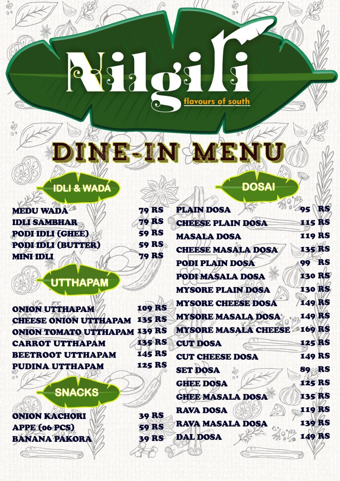 Menu at NILGIRIS - Flavours of South, Pune