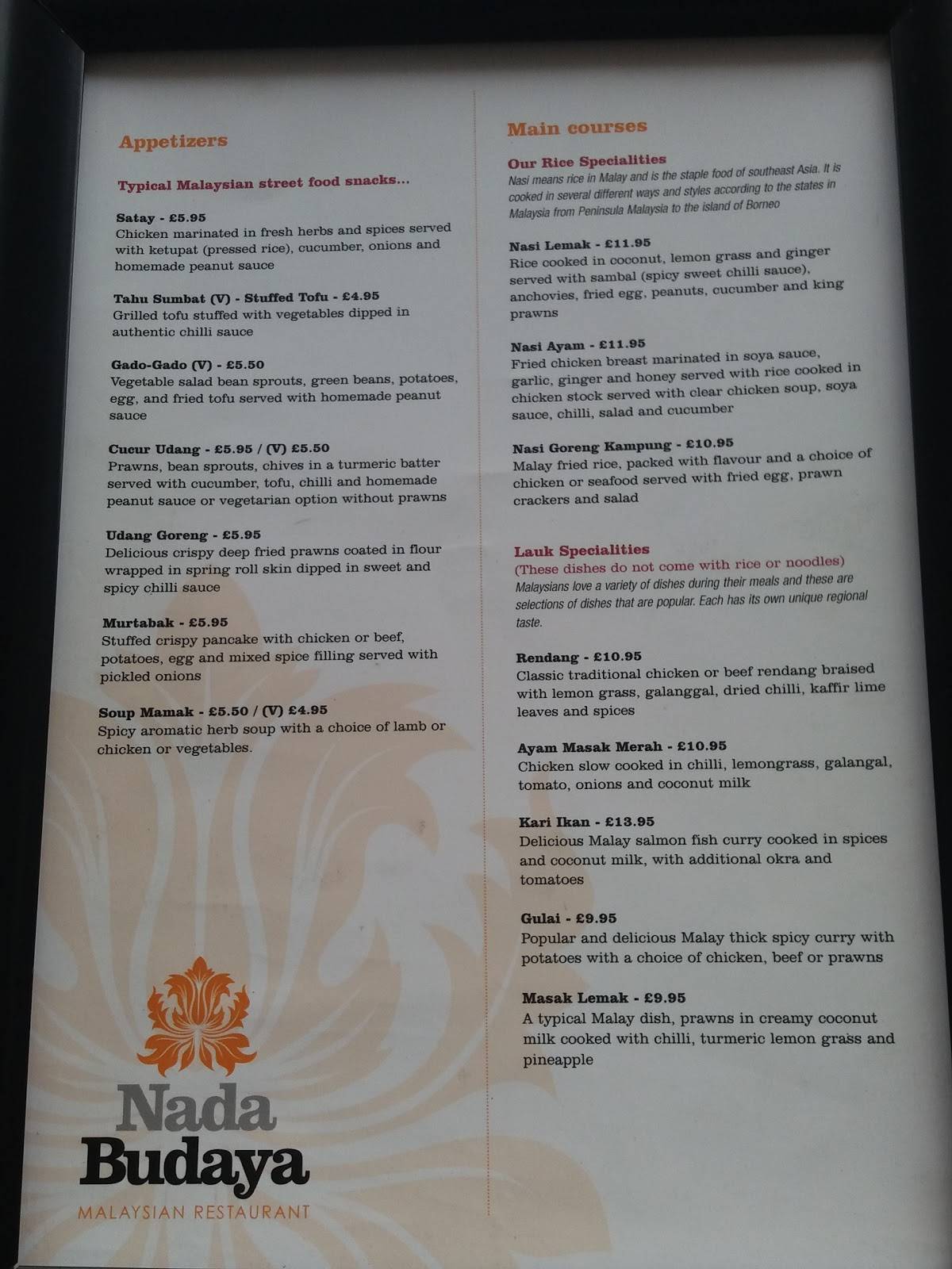 Menu at Nada Budaya Malaysian Restaurant, Nottingham