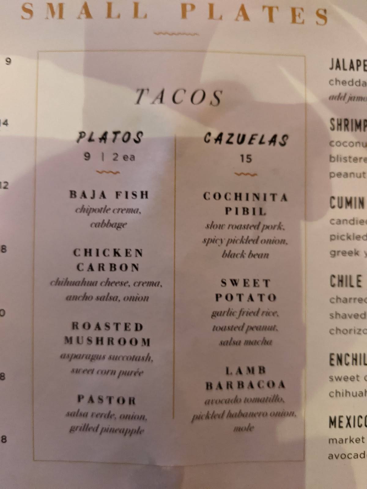 Menu at Nada restaurant, Cincinnati