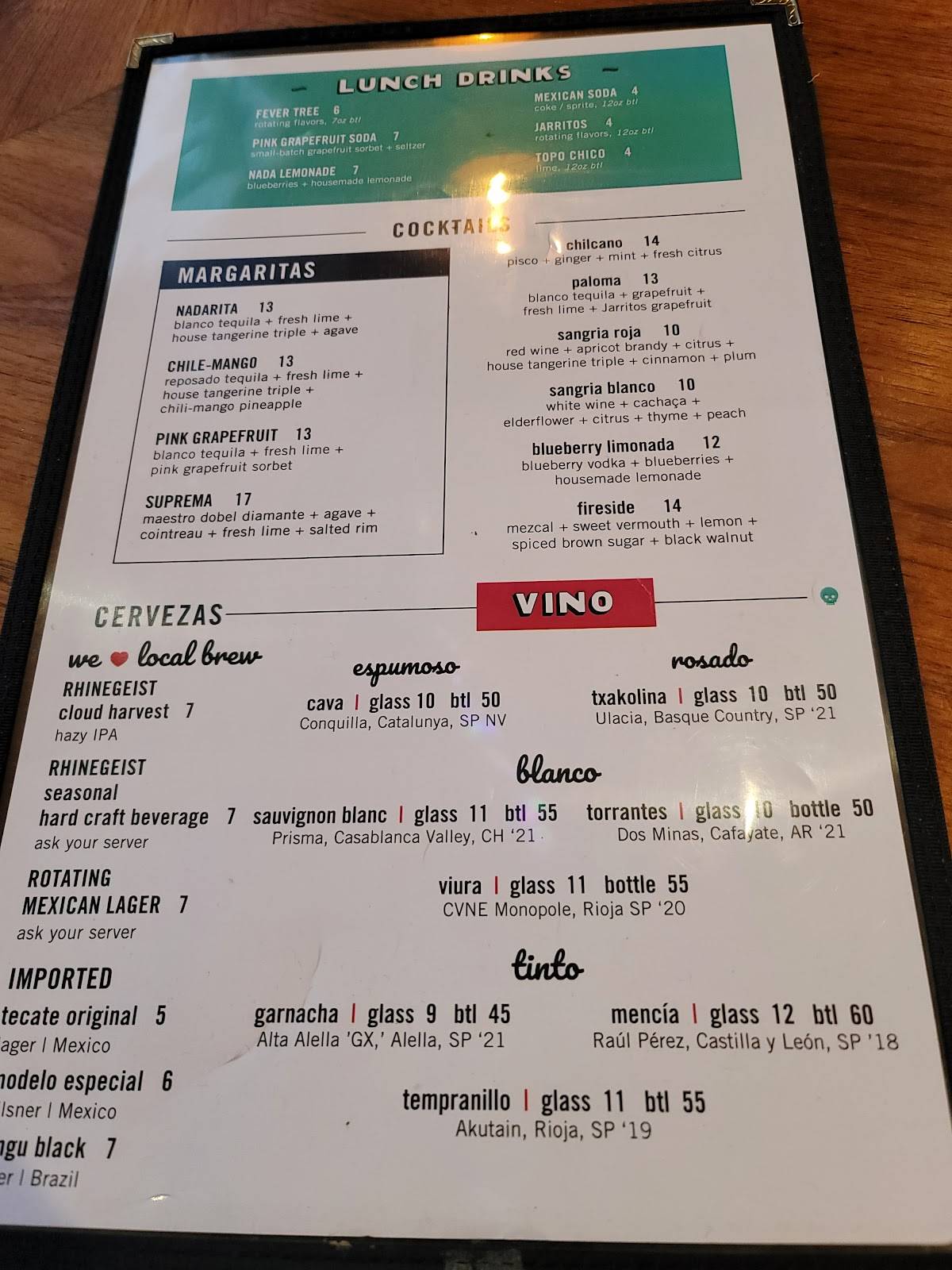 Menu at Nada restaurant, Cincinnati