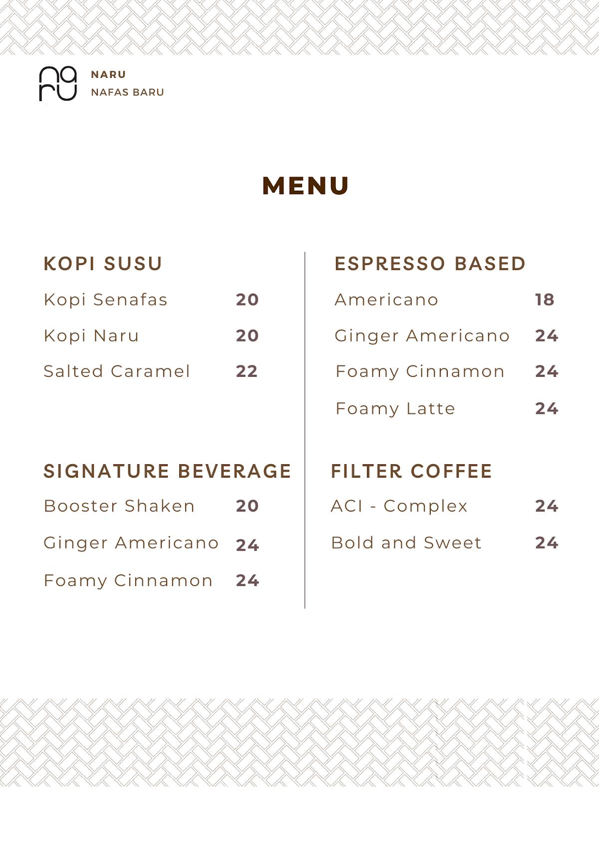 Menu at Naru Coffee, Cikeruh