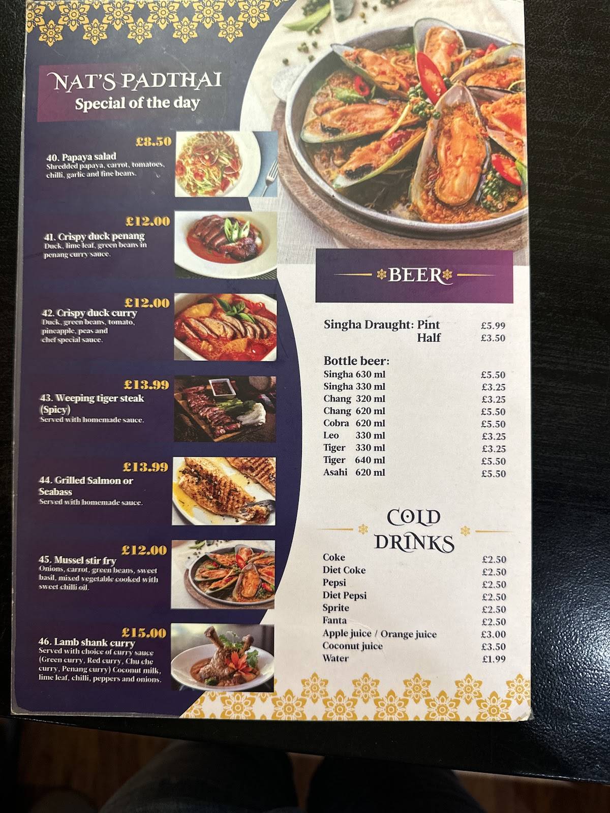 Menu at Nat's Pad Thai restaurant, Leeds