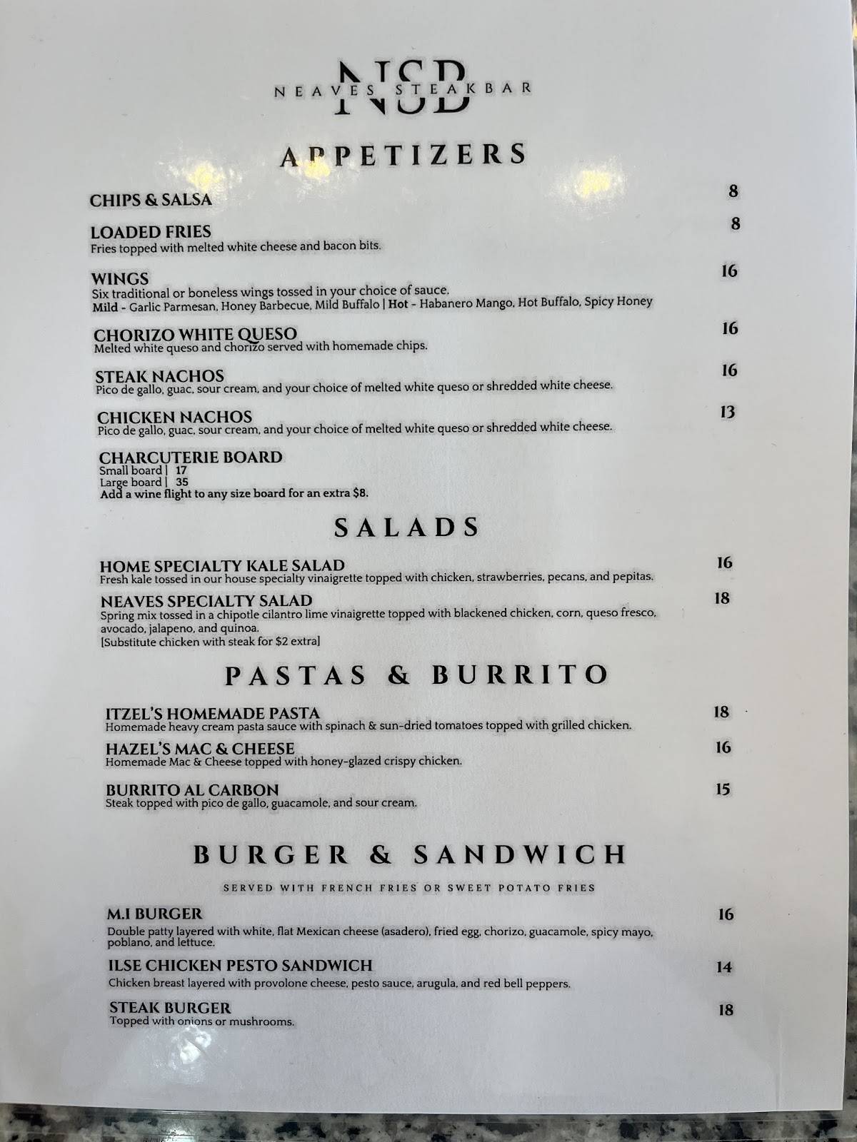 Menu at Neaves Steakbar, Liberal