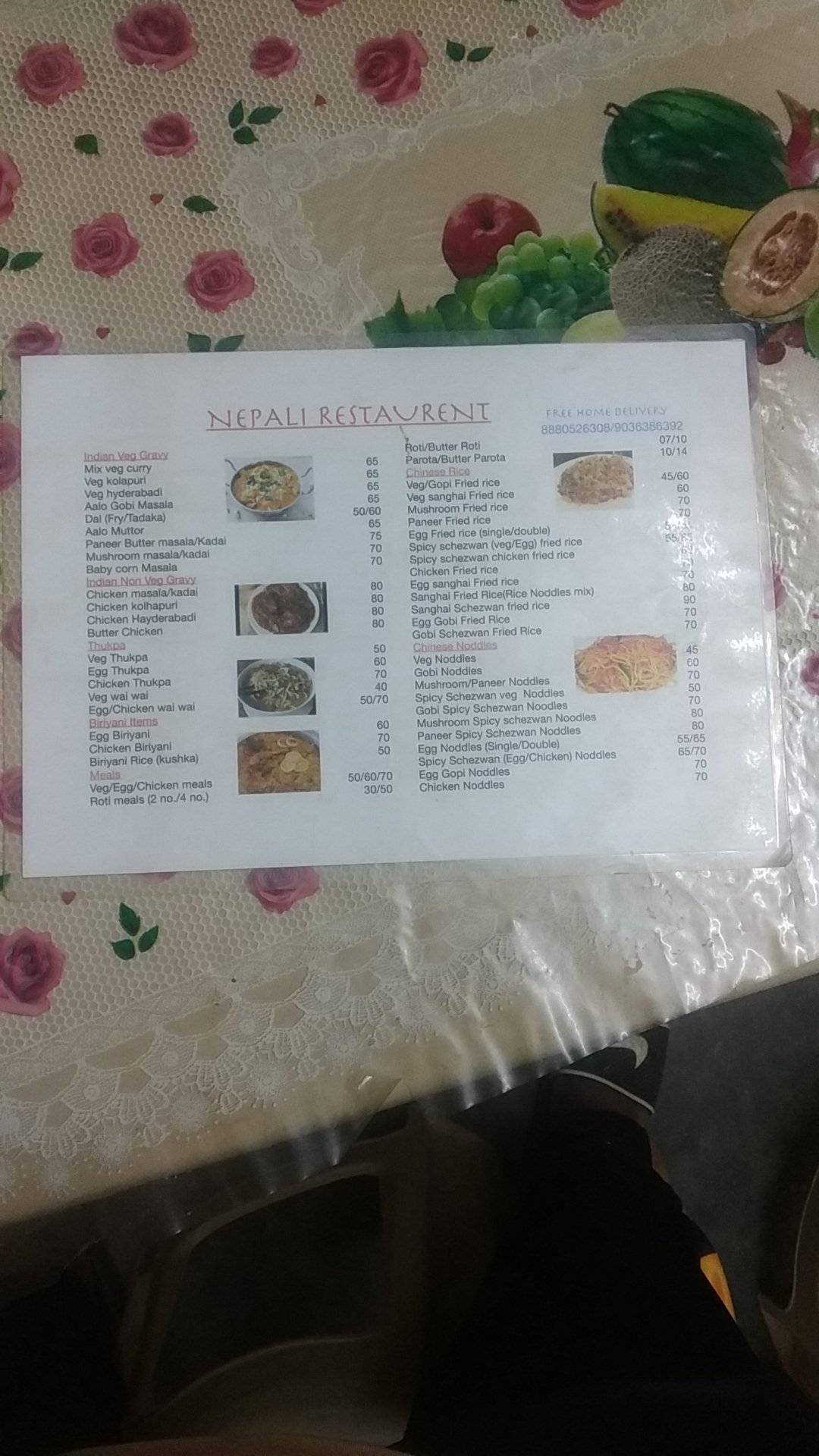 Menu at Nepali restaurant, Bengaluru