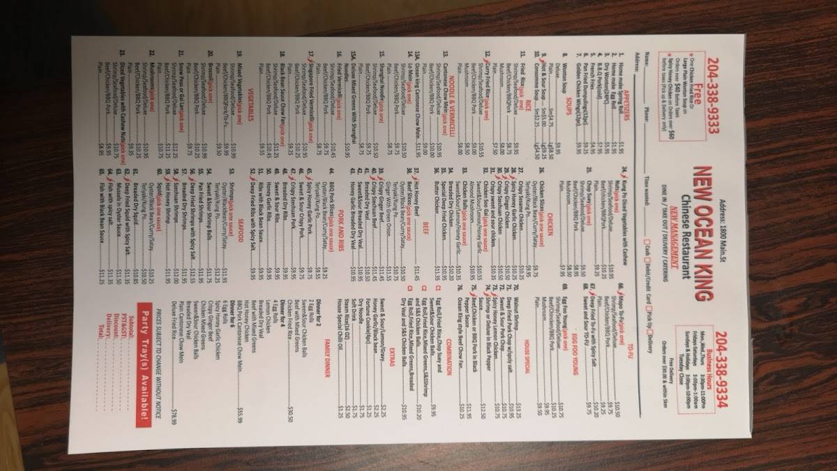 Menu at New Ocean King restaurant, Winnipeg
