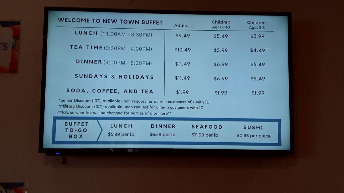 Menu at New Town Buffet restaurant, Tucson