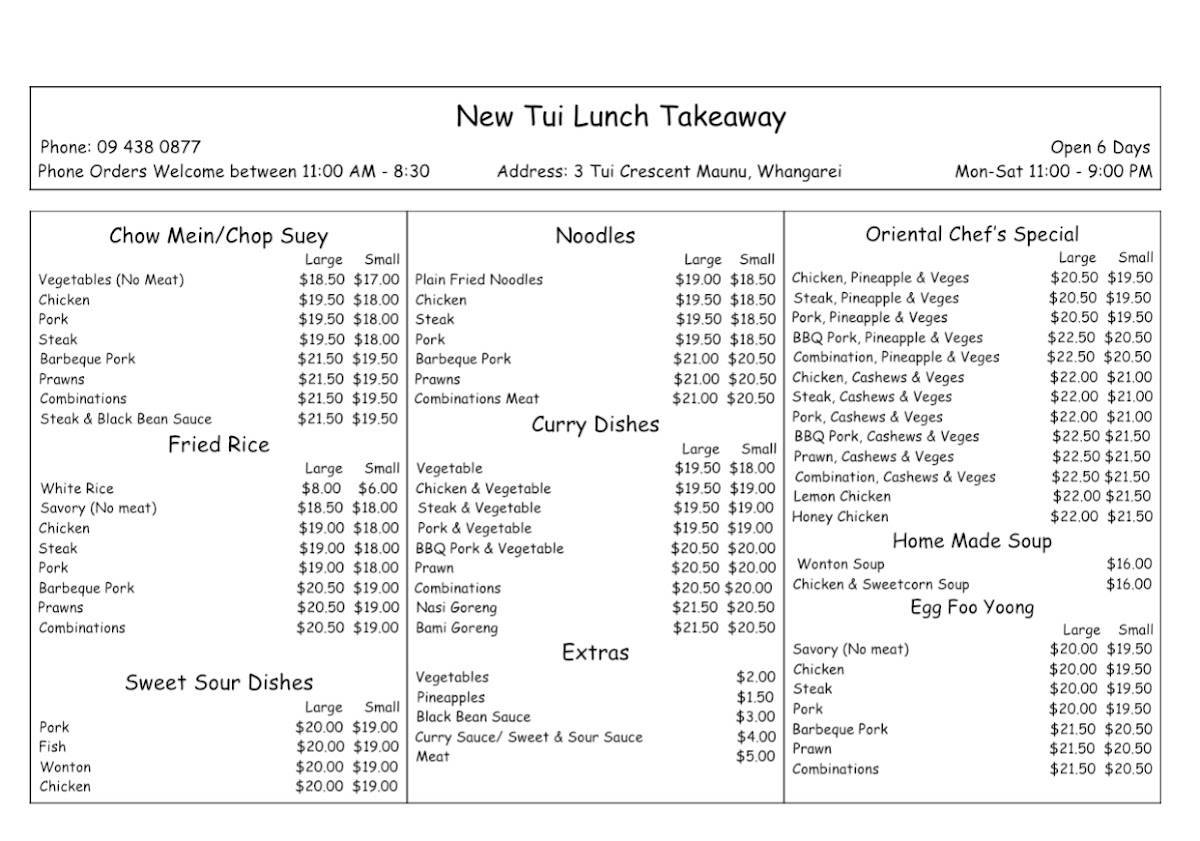 Menu at New Tui Lunch Takeaway restaurant, Whangarei