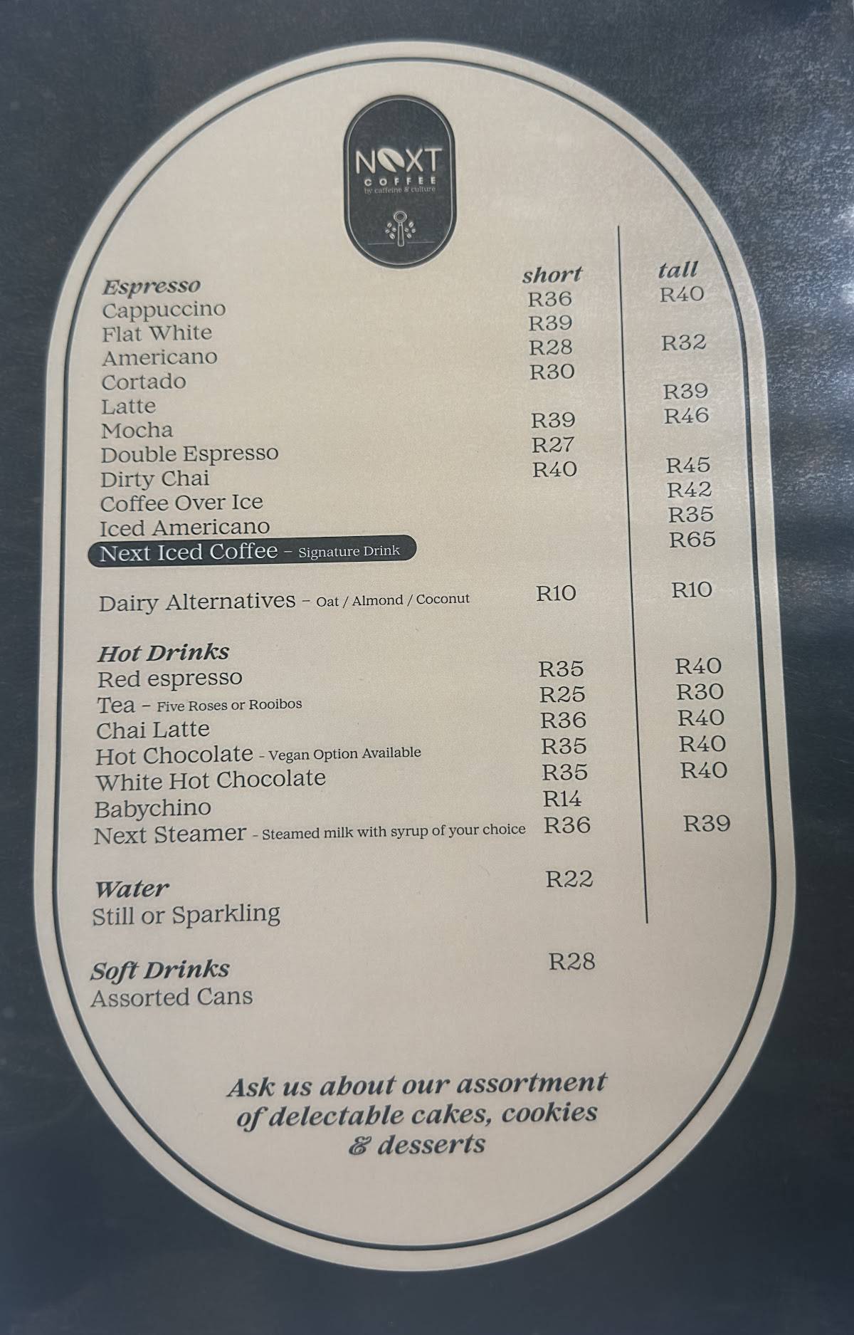 Menu at NextCoffee Cafe, Pietermaritzburg
