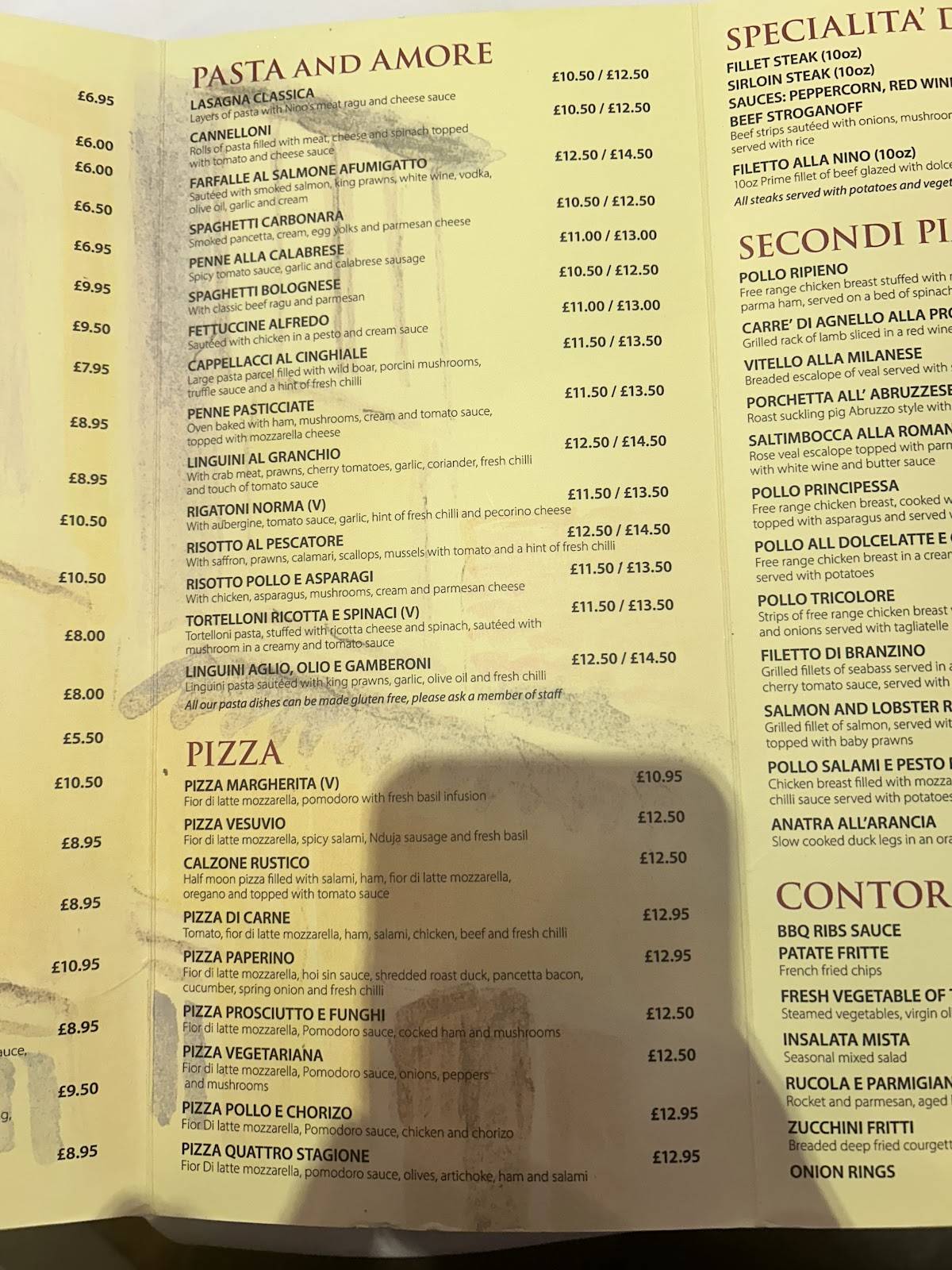Menu at Nino's Restaurant, Rawtenstall