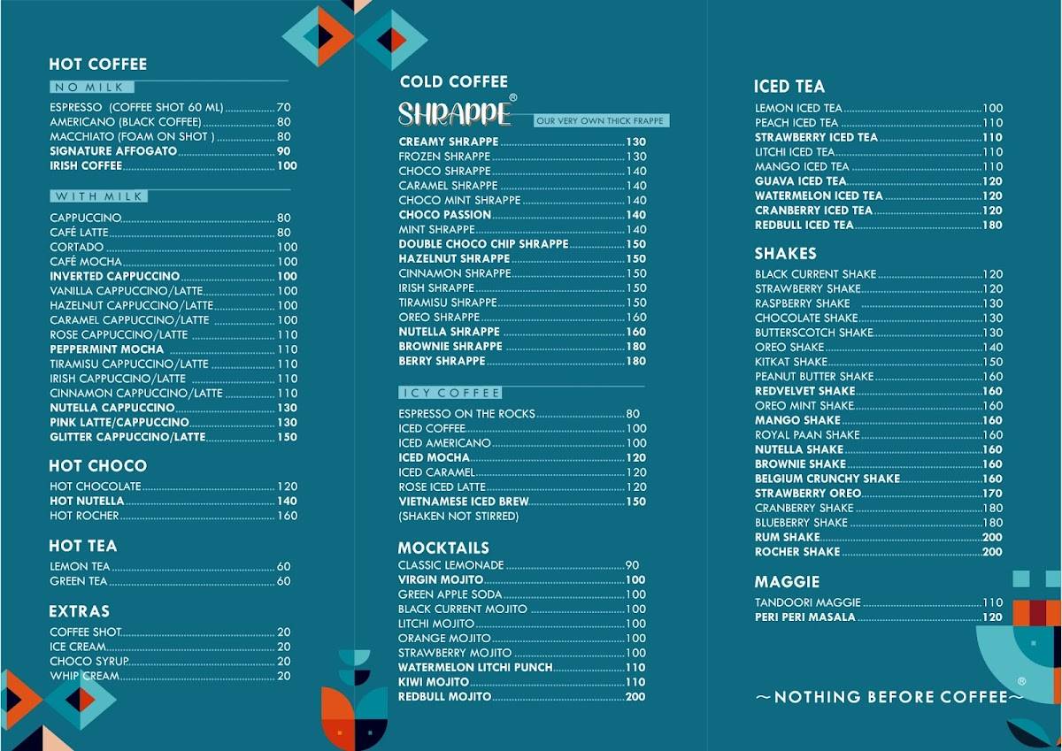 Menu at Nothing Before coffee, Bhopal