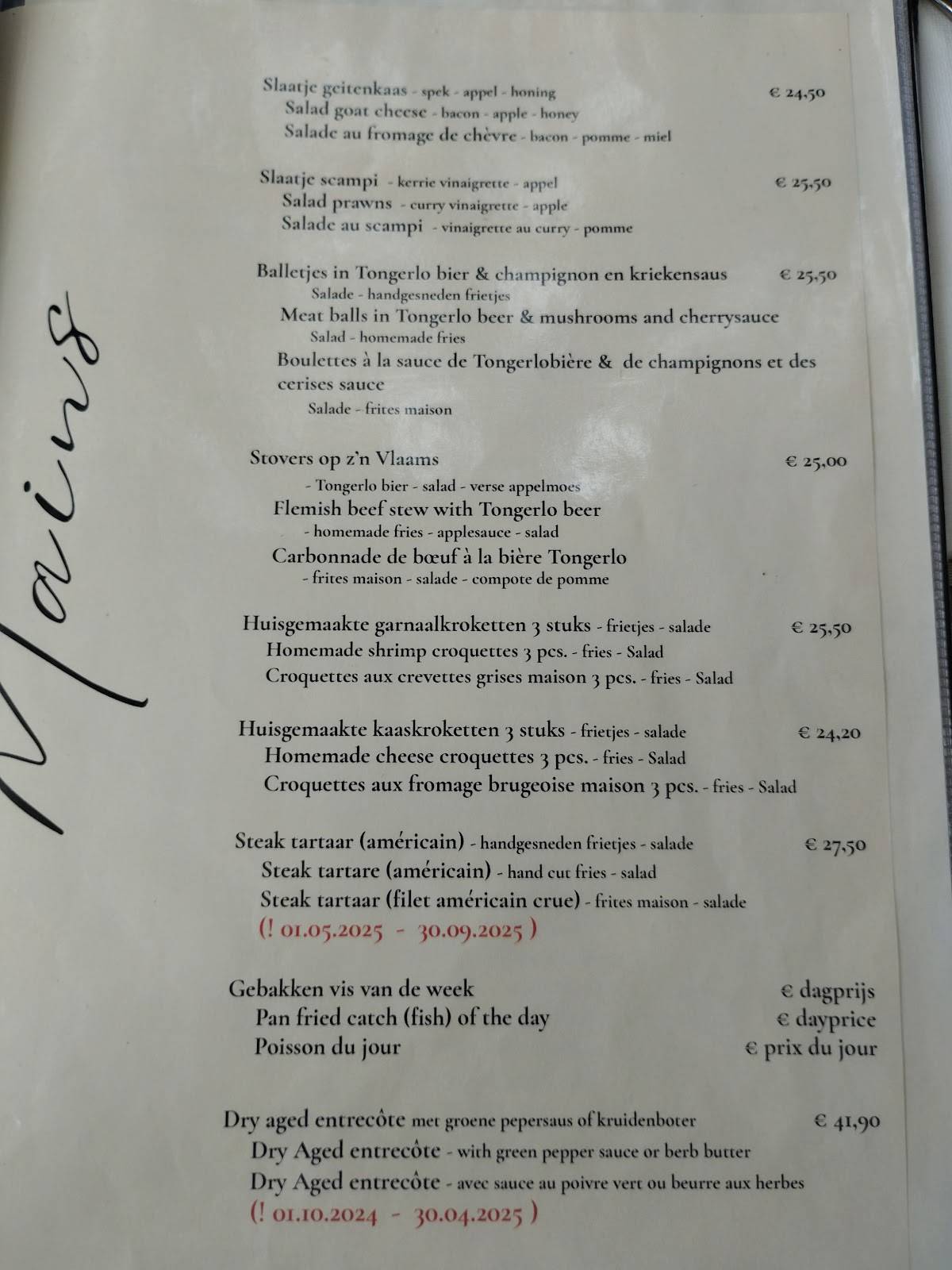 Speisekarte von ONE Restaurant, Brugge