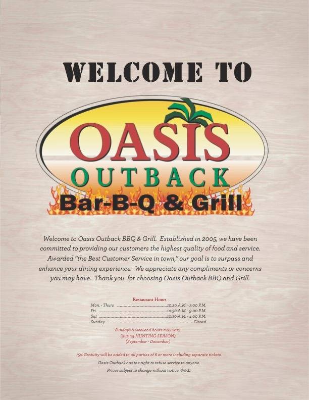 Menu at Oasis Outback restaurant, Uvalde