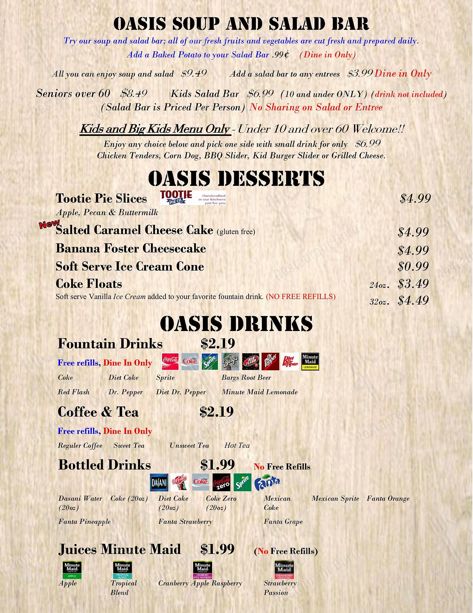 Menu at Oasis Outback restaurant, Uvalde
