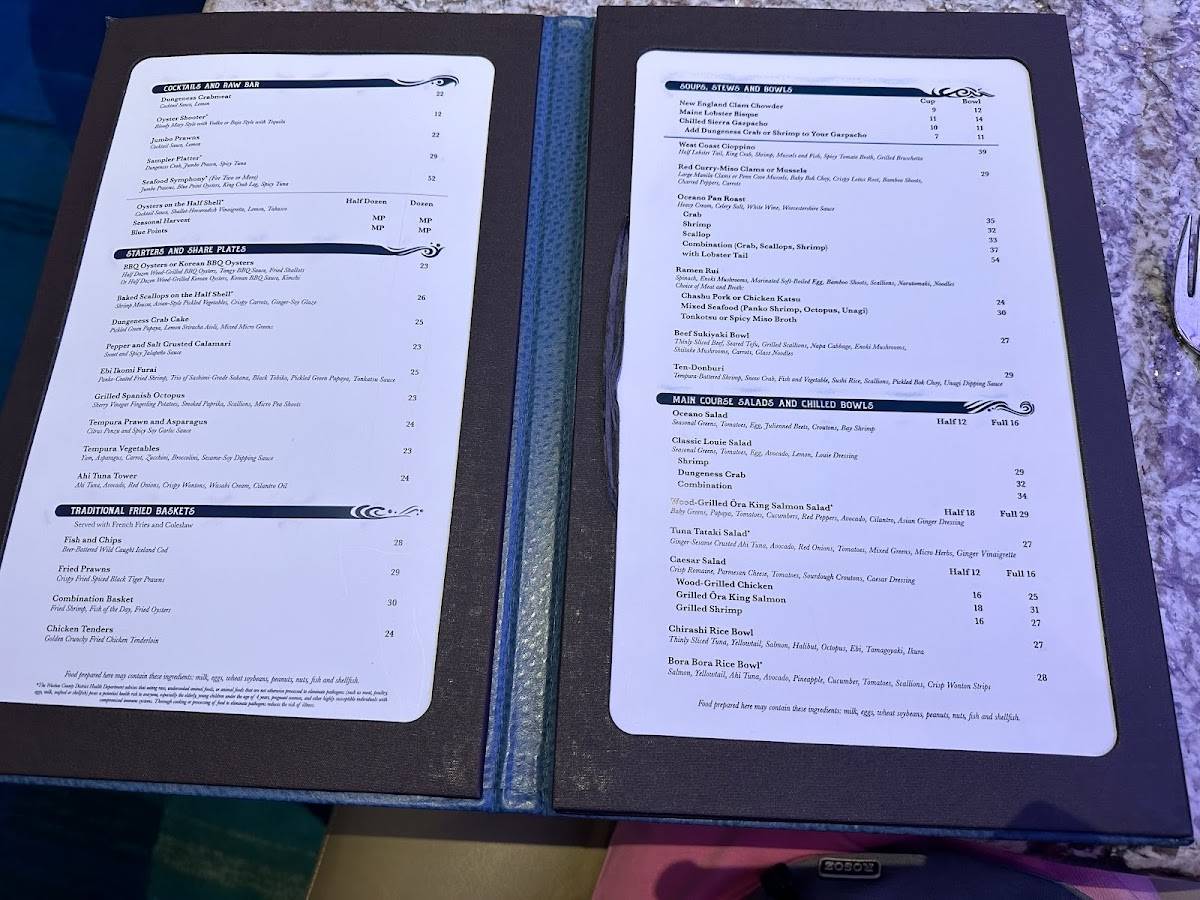Menu at Oceano restaurant, Reno