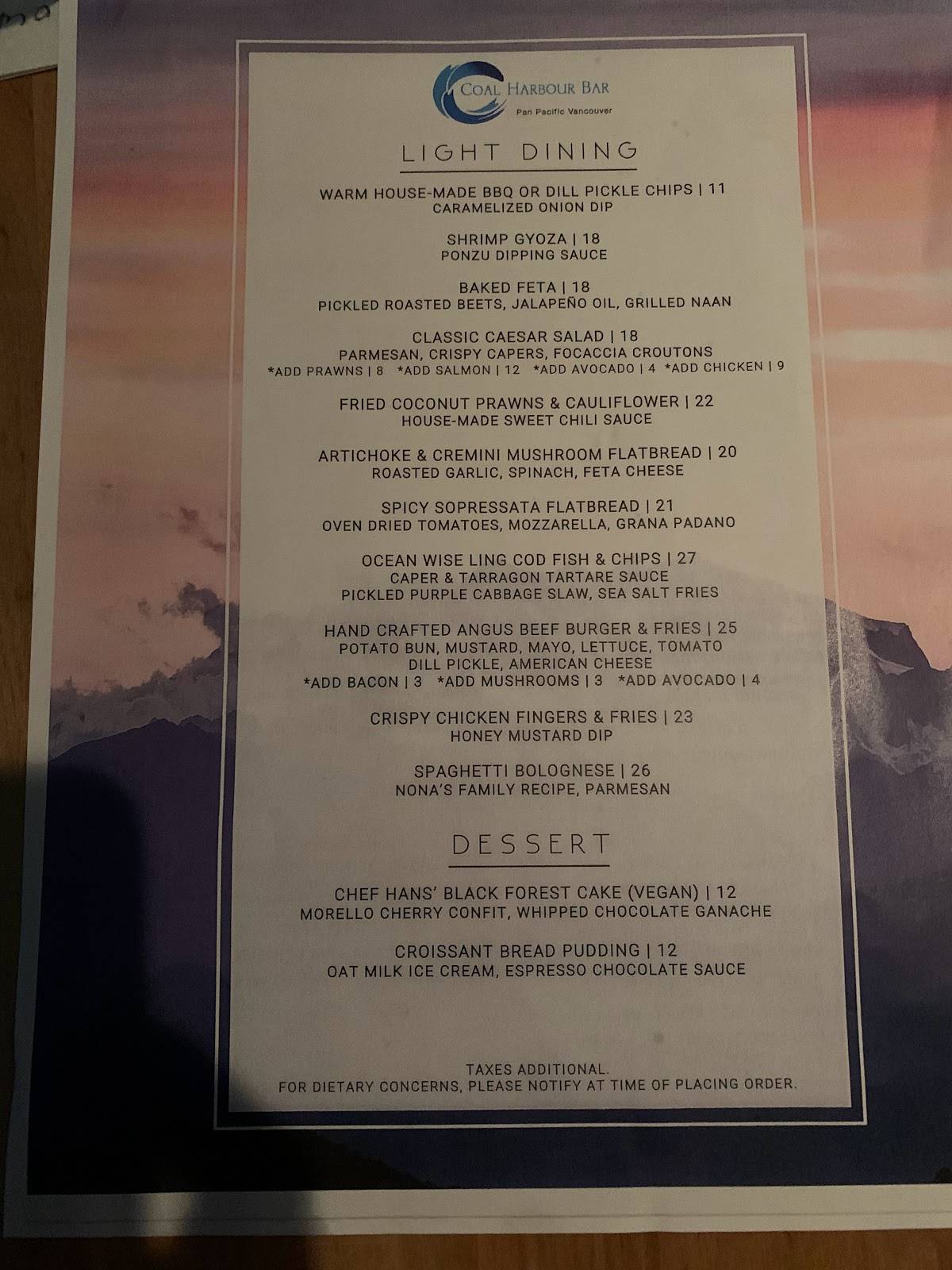 Menu at Oceans 999 restaurant, Vancouver, 999 Canada Pl #300