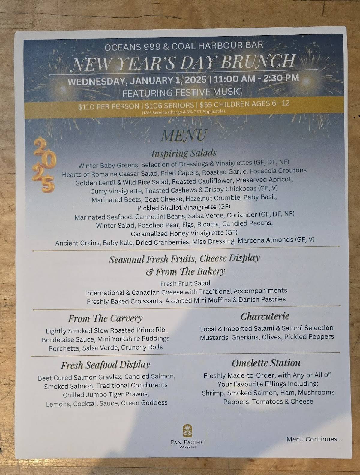Menu at Oceans 999 restaurant, Vancouver, 999 Canada Pl #300
