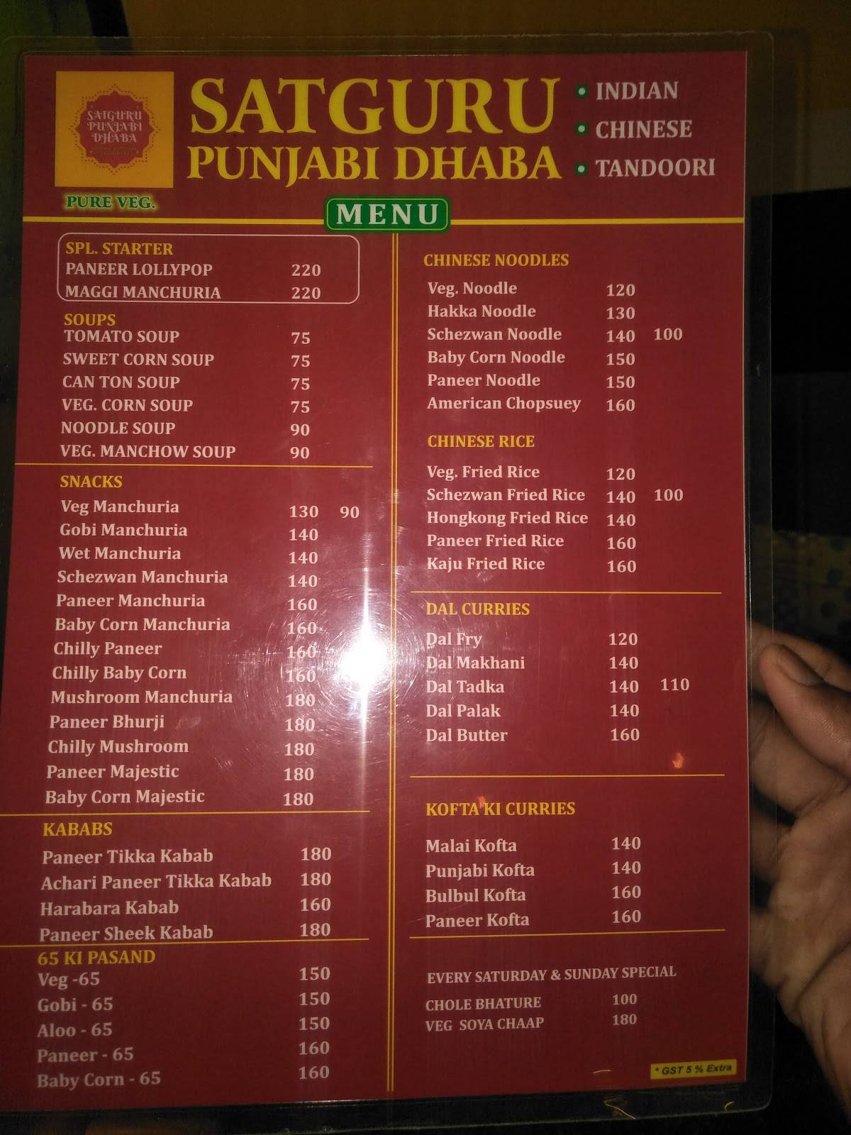 Menu at Om Punjabi Dhaba, Hyderabad