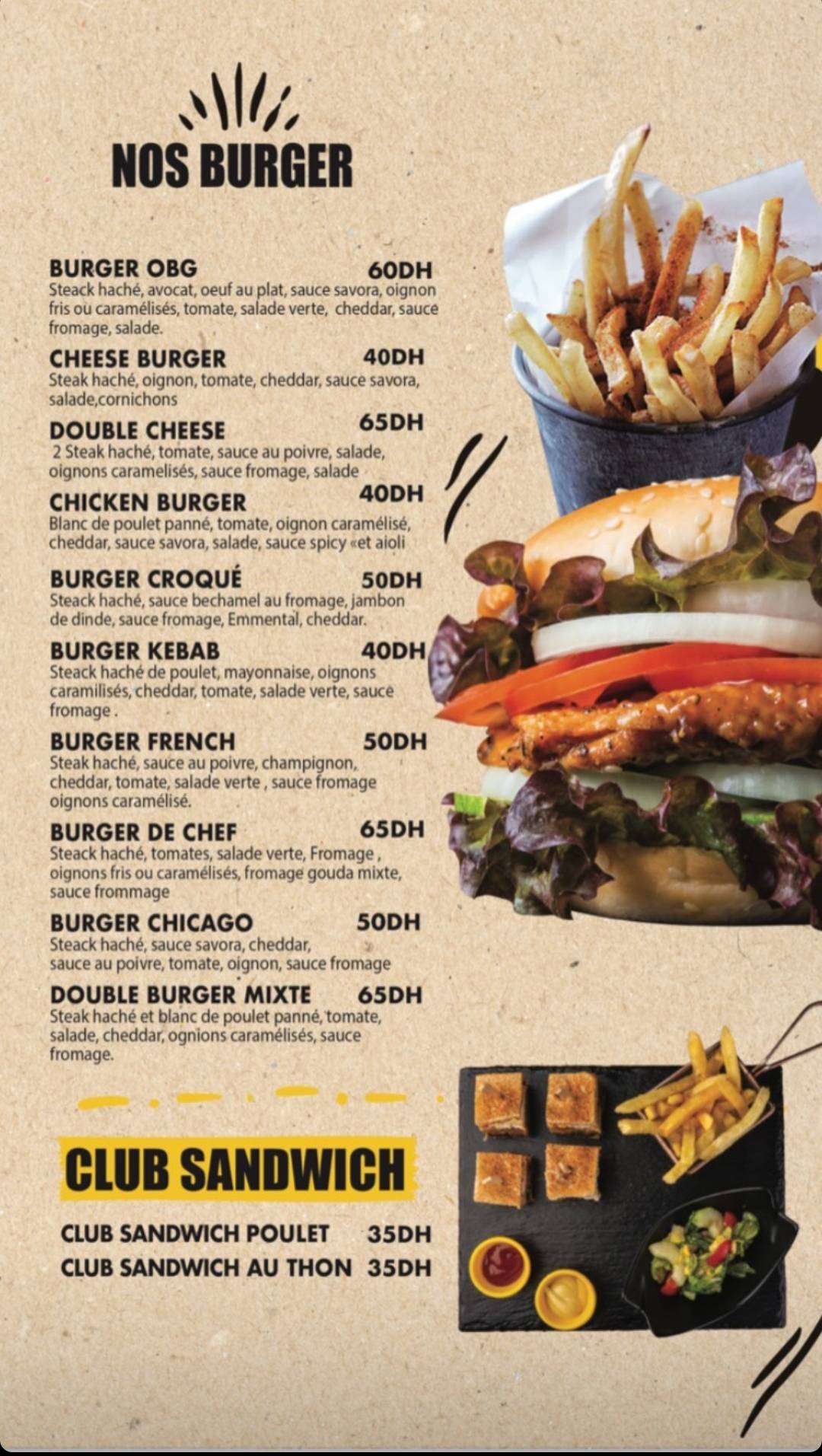 Menu au Restaurant Original Burger, Agadir