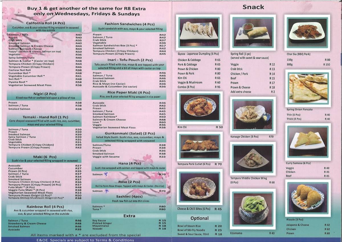 Menu at Oyama Sushi Restaurant, Pretoria