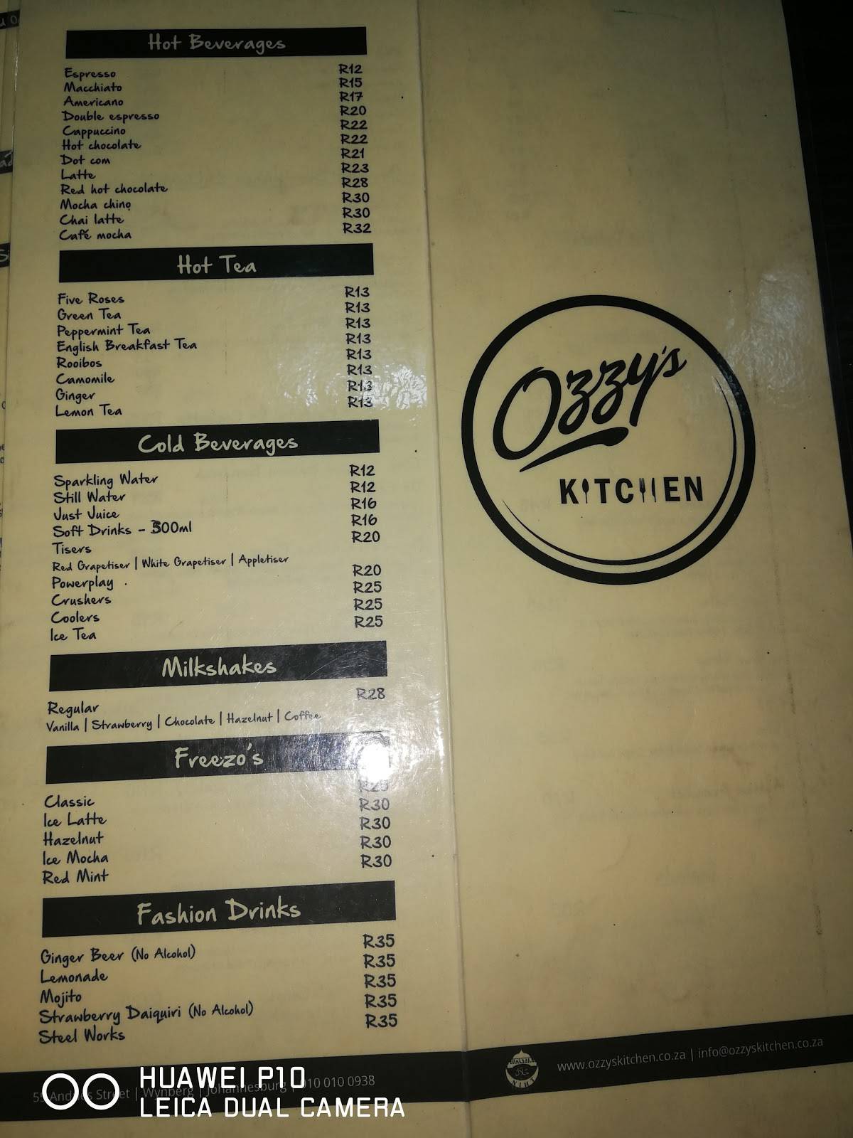 Menu at Ozzy's Kitchen restaurant, Johannesburg