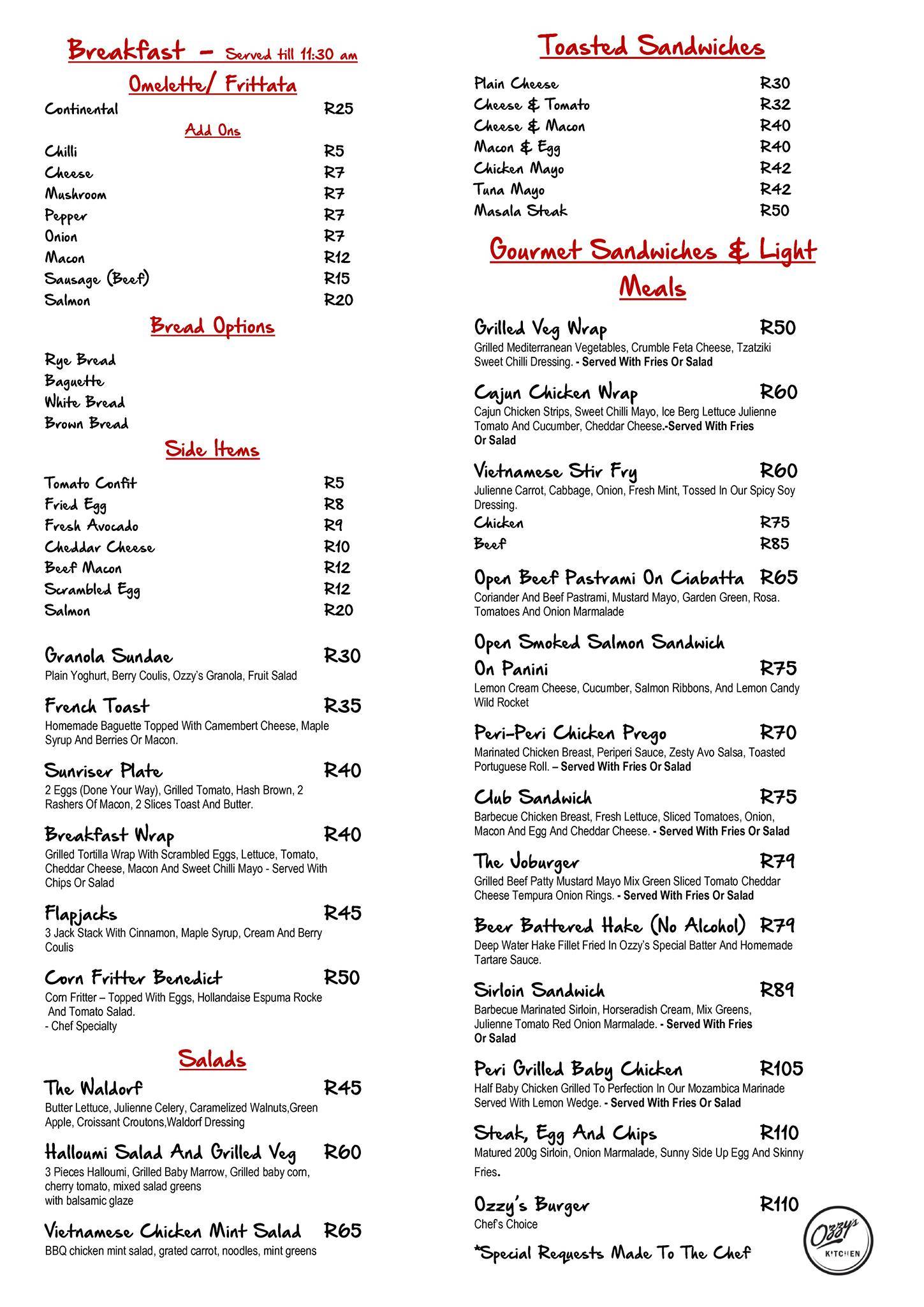 Menu at Ozzy's Kitchen restaurant, Sandton