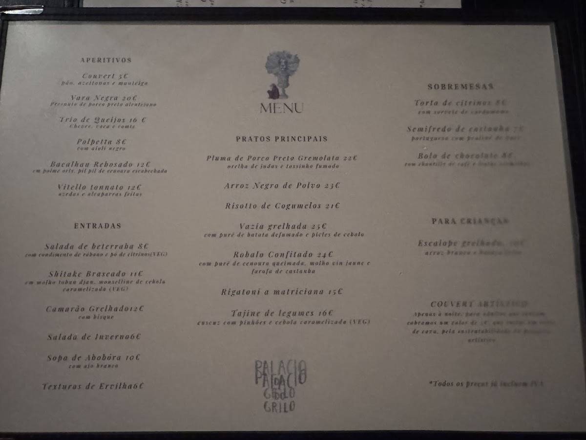 Menu em Palácio Grilo restaurante, Lisboa