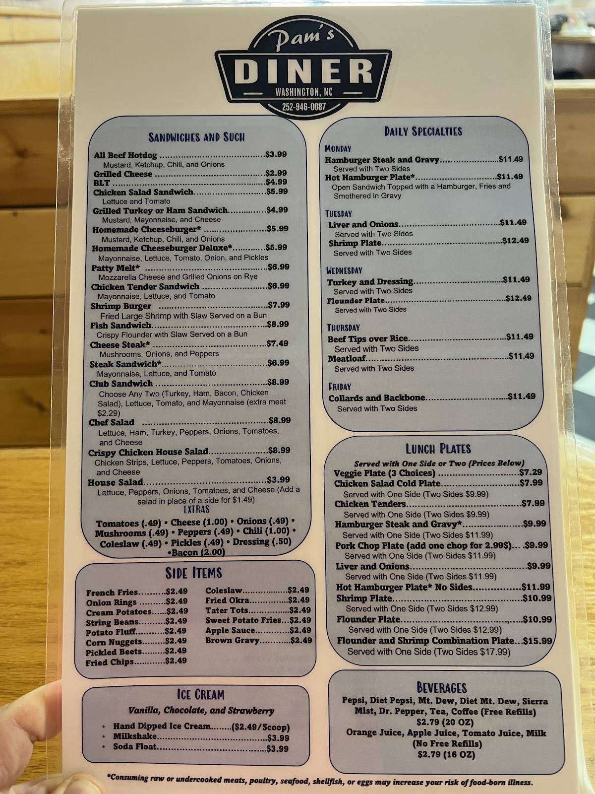 Menu at Pam's Diner restaurant, Washington