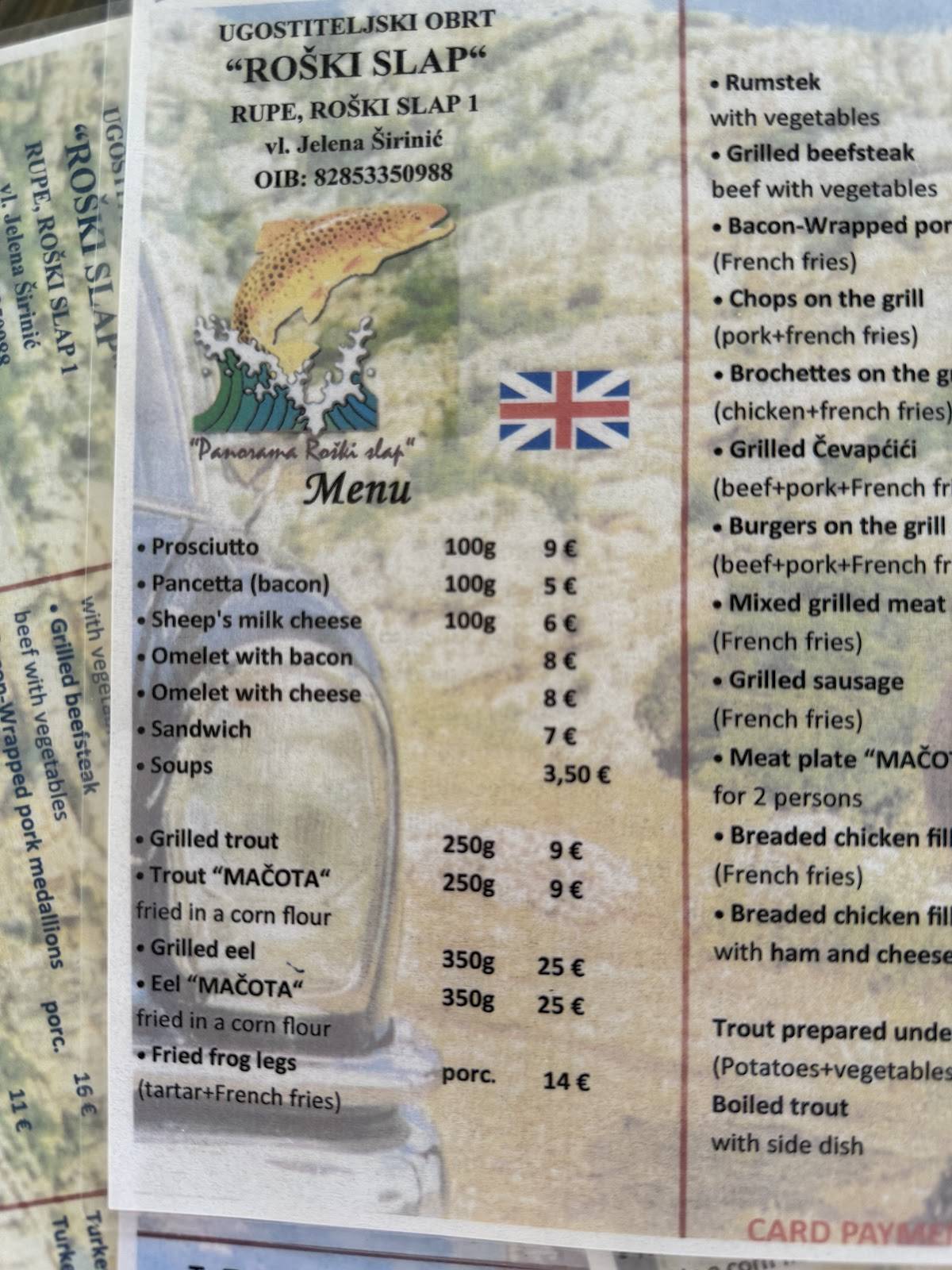 Menu at Panorama Roski Slap restaurant, Rupe