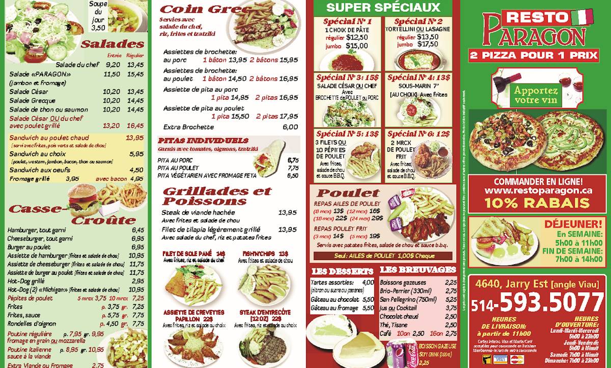 Menu at Restaurant Paragon (Jarry), Montréal