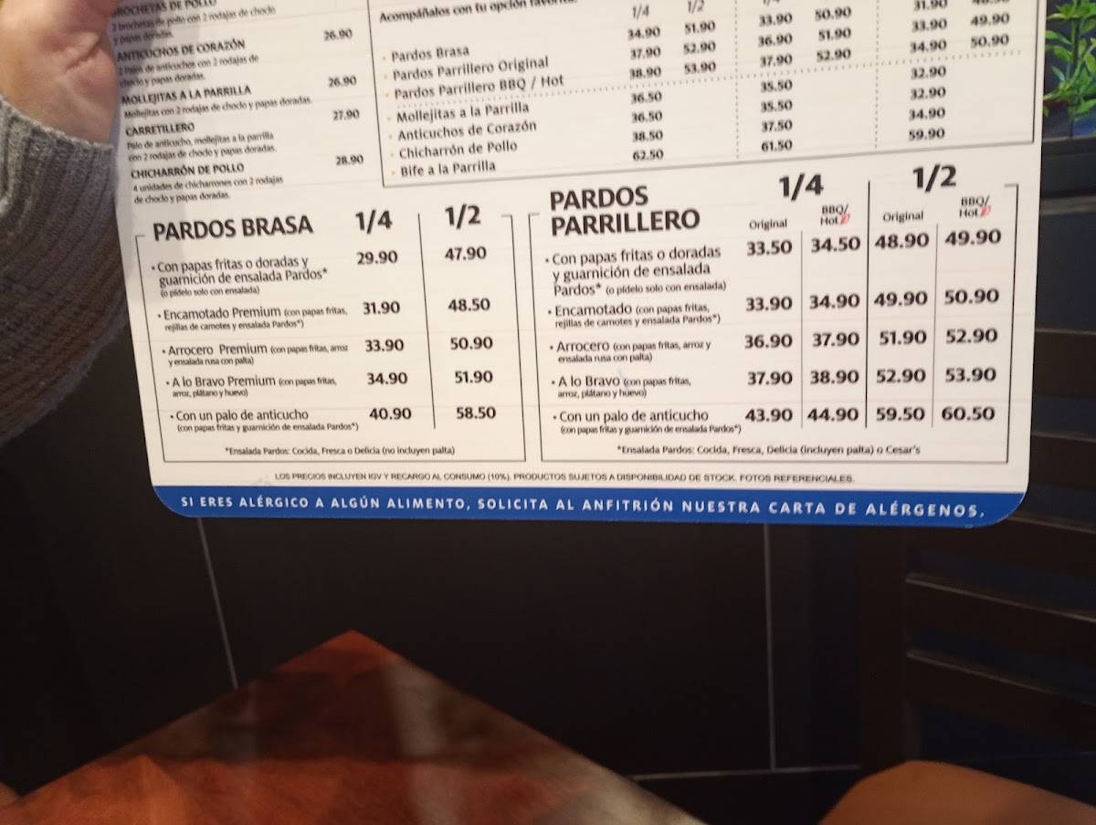 Carta del restaurante Pardos Chicken Santa Cruz, Miraflores