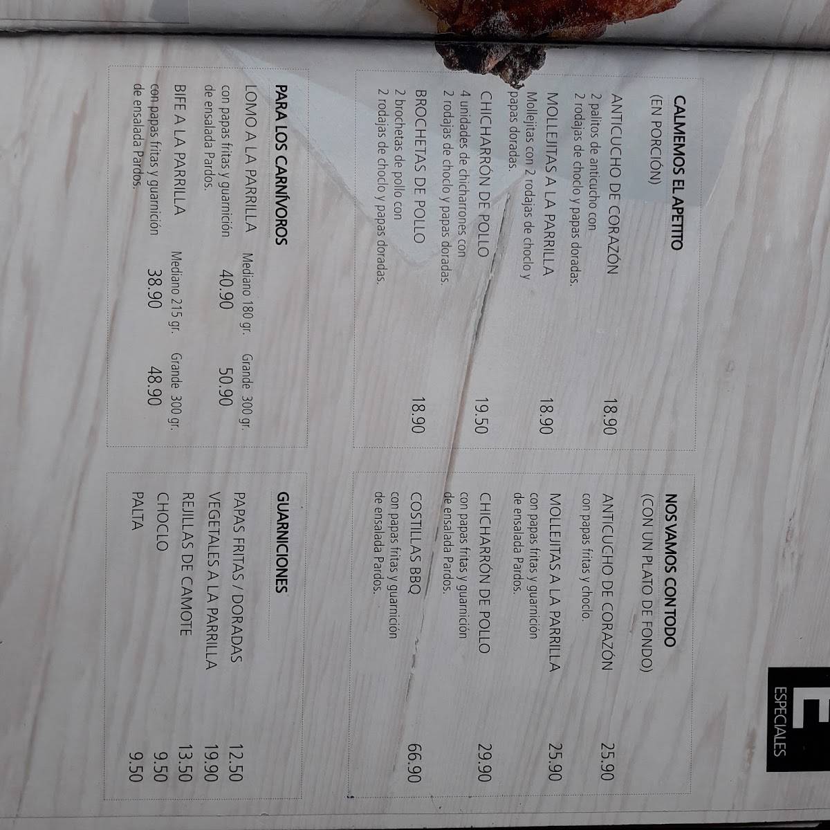 Menu at Pardos Chicken restaurant, Miraflores, Av. Sta. Cruz 898