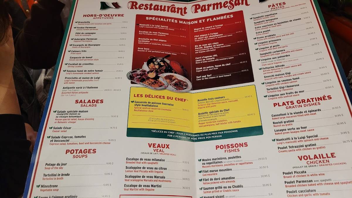 Menu au Restaurant Parmesan, Québec