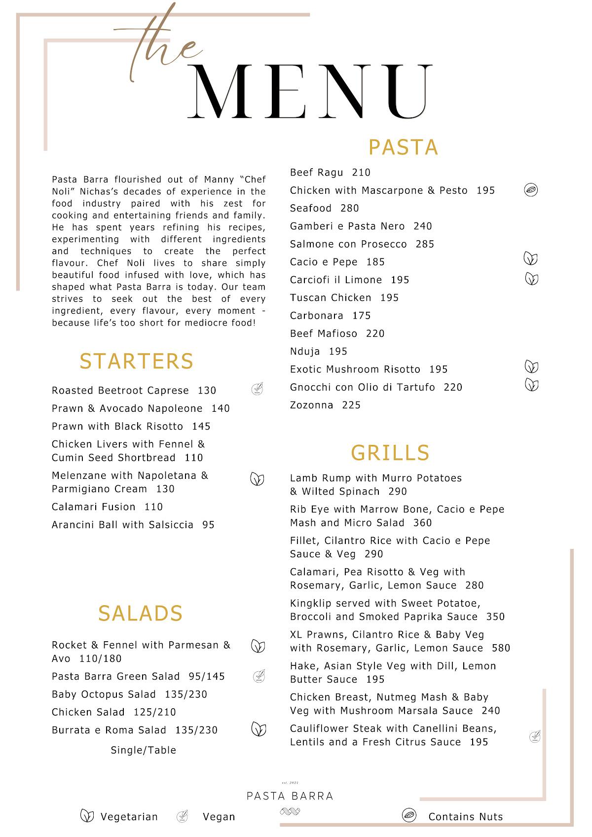 Menu at Pasta Barra Brooklyn, Pretoria
