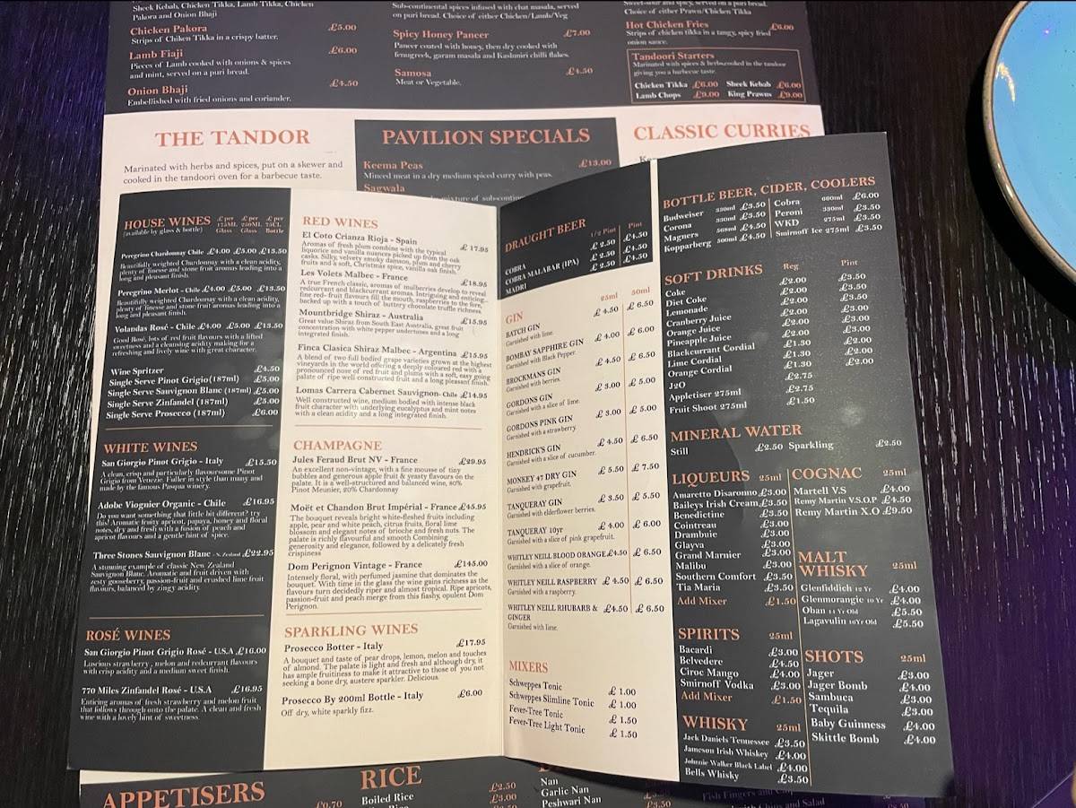 Menu at Pavilion Indian restaurant, Rochdale